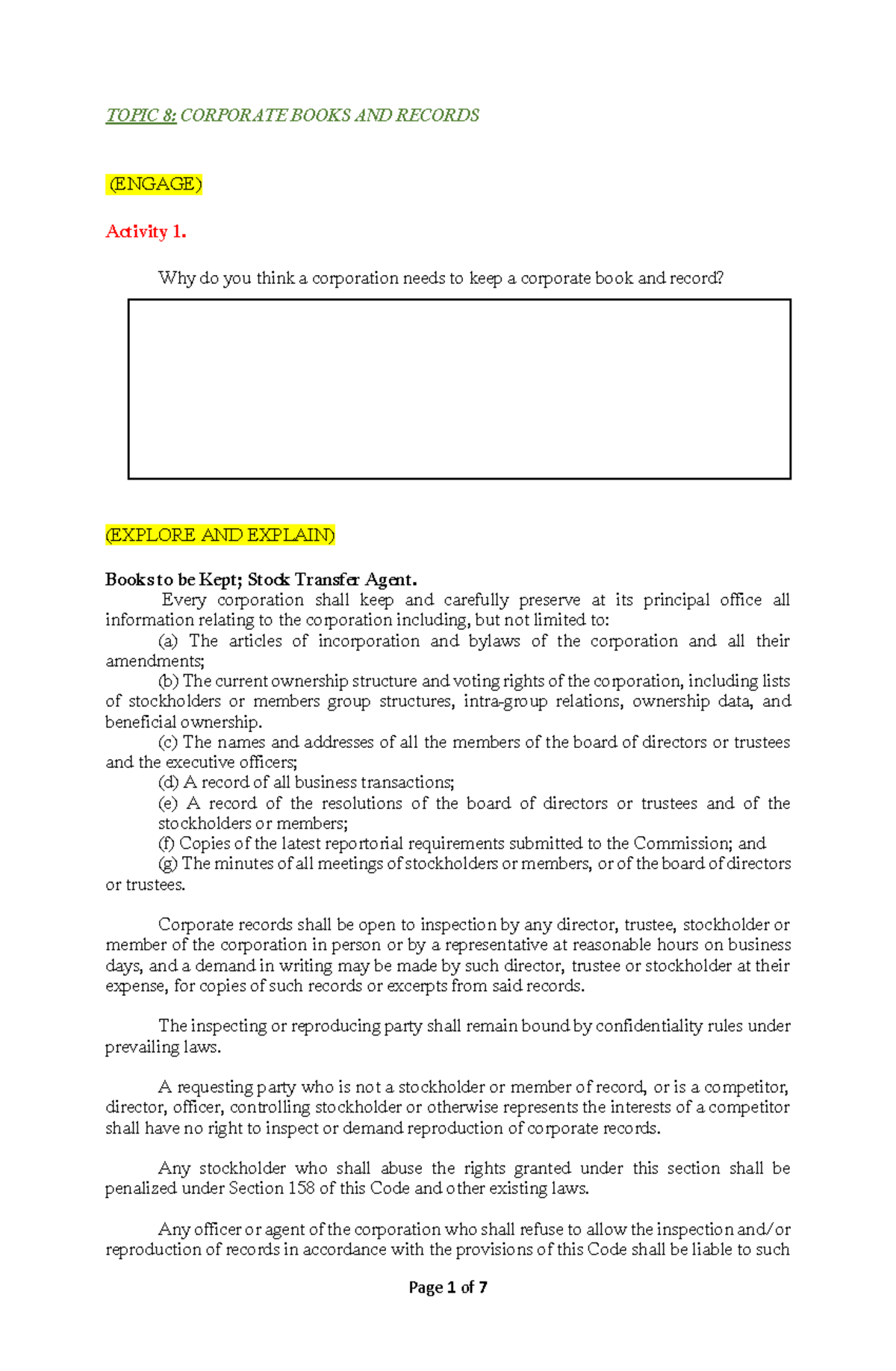 BL 2 Module 2 Topics 8-9 - Business Law lecture - TOPIC 8: CORPORATE ...