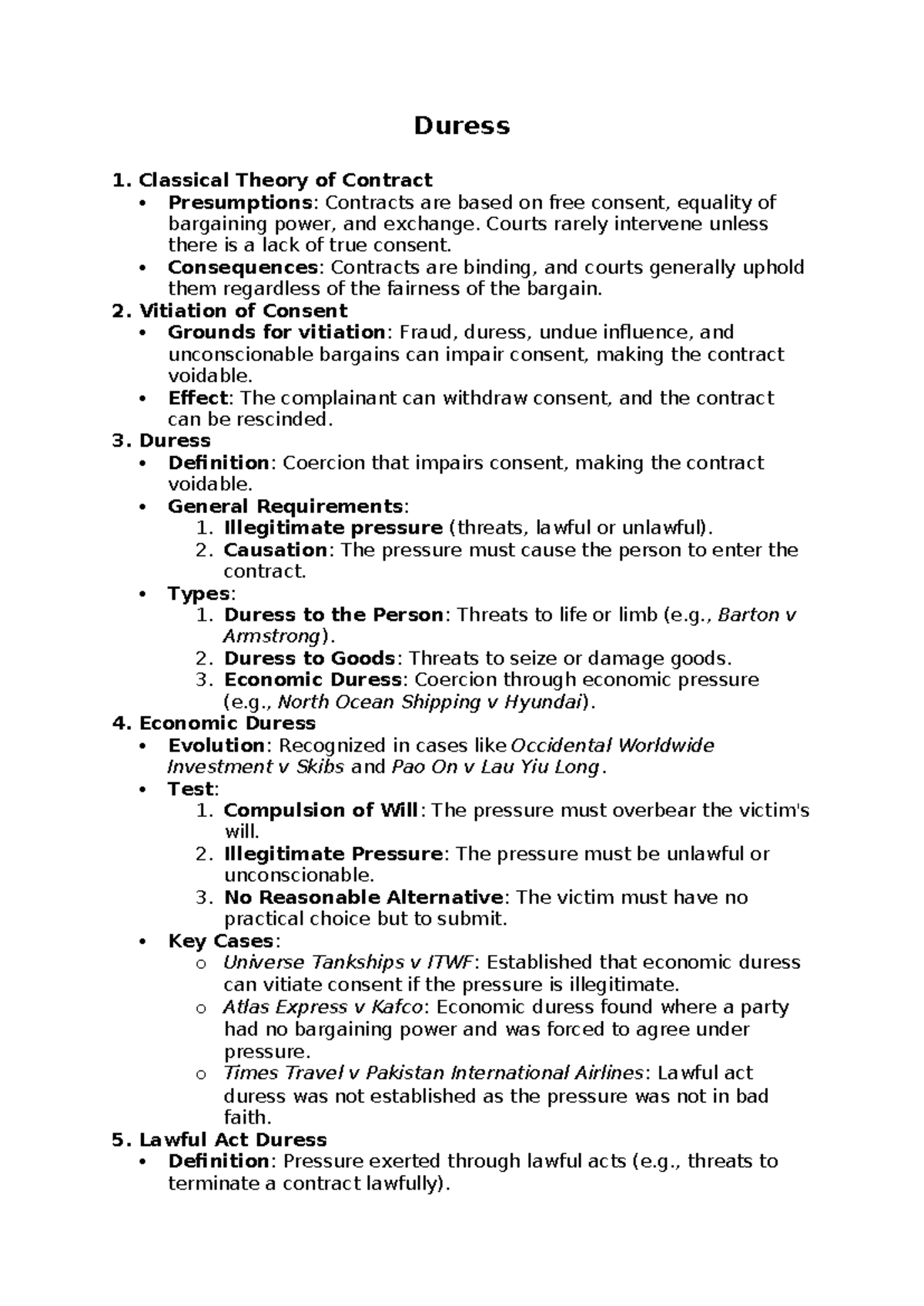 Duress - Summary Contract Law - Duress Classical Theory of Contract ...