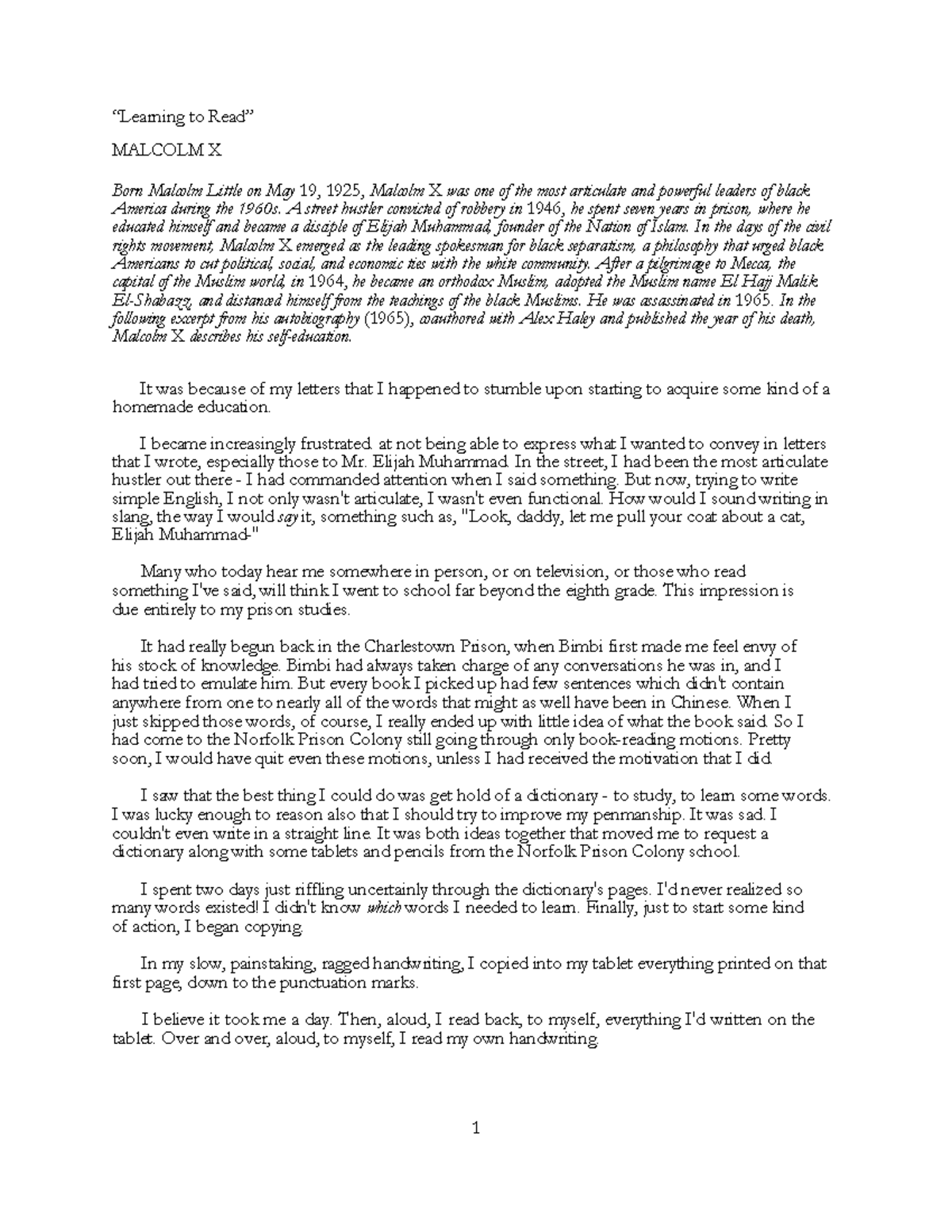 Learning to Read: Malcolm X's Self-Education Journey in Prison - Studocu