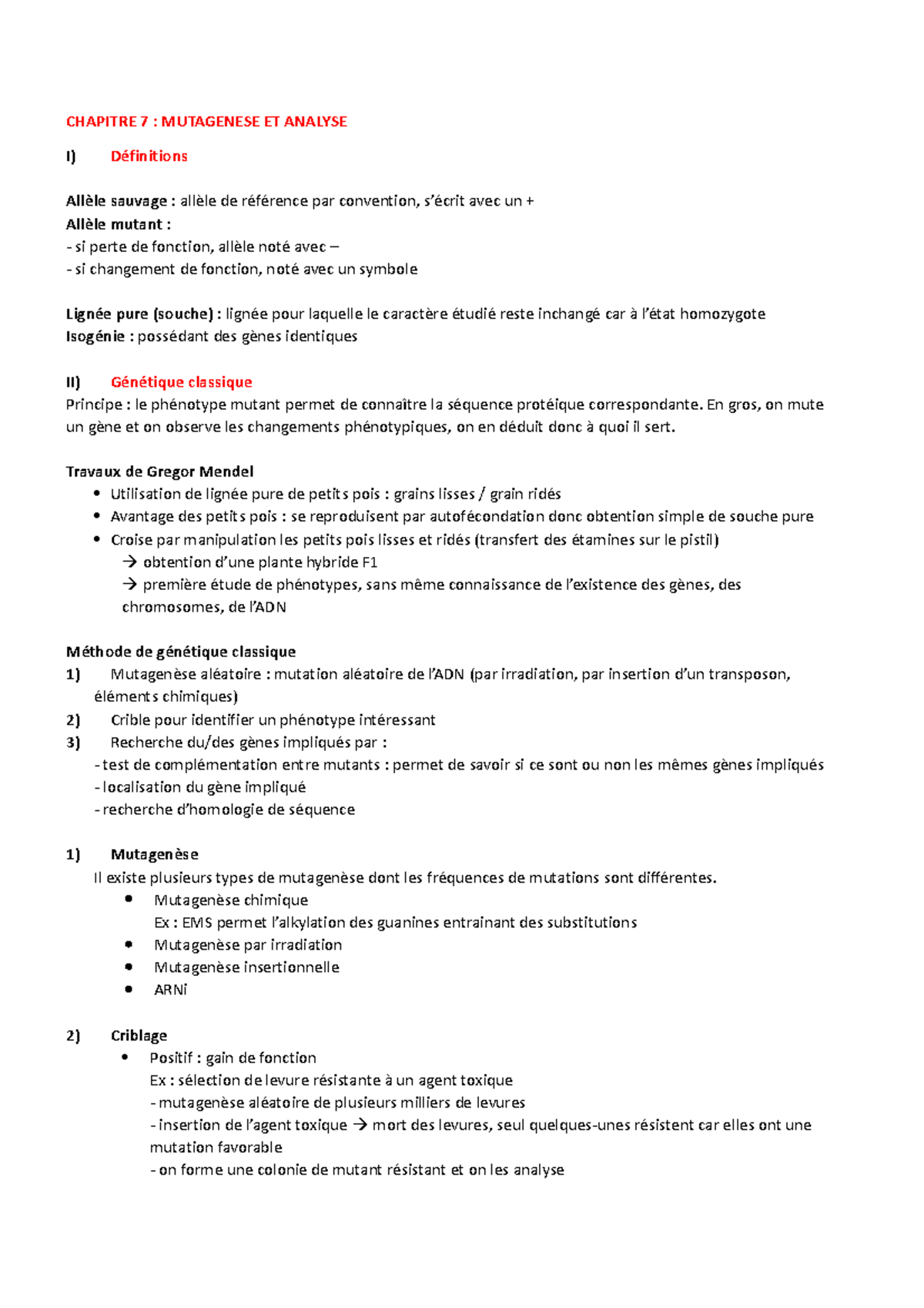 Chapitre 7 : Mutagenèse et Analyse des Gènes en Génétique Classique ...