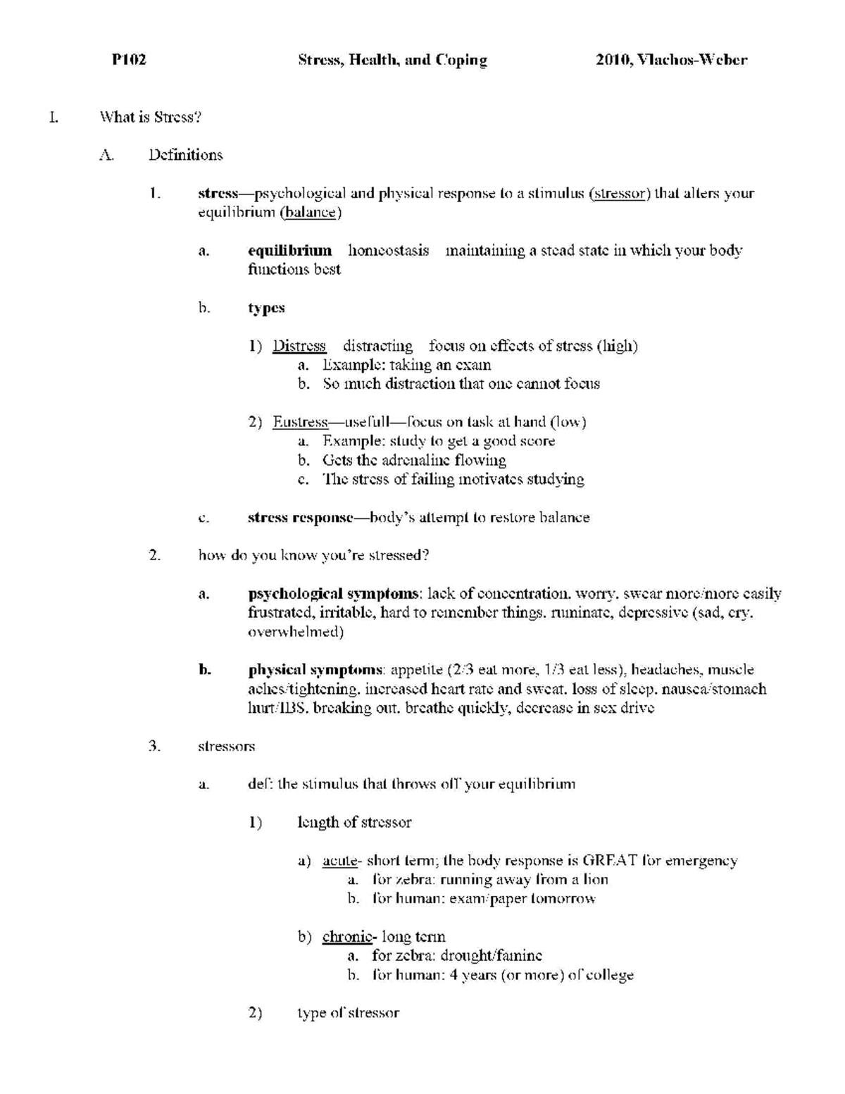 P102 Lecture Notes: Understanding Stress, Health, and Coping Mechanisms ...