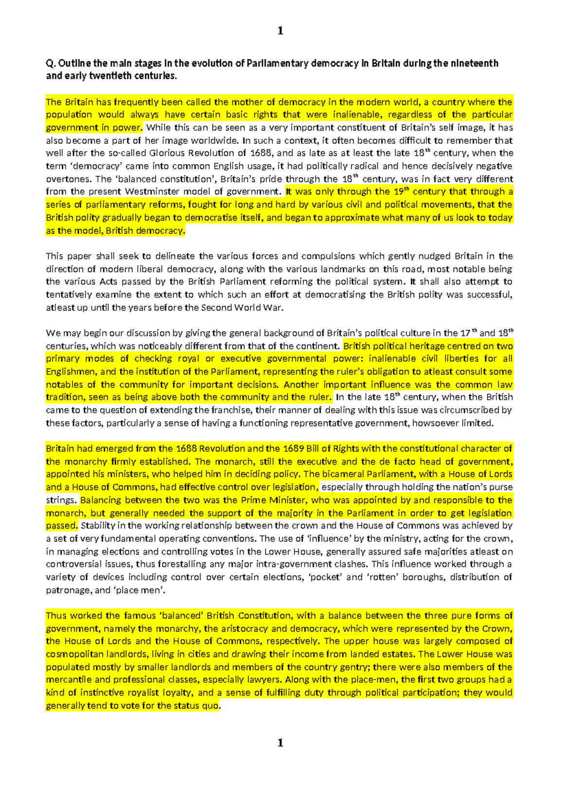 Evolution of British parliamentary democracy - Q. Outline the main ...