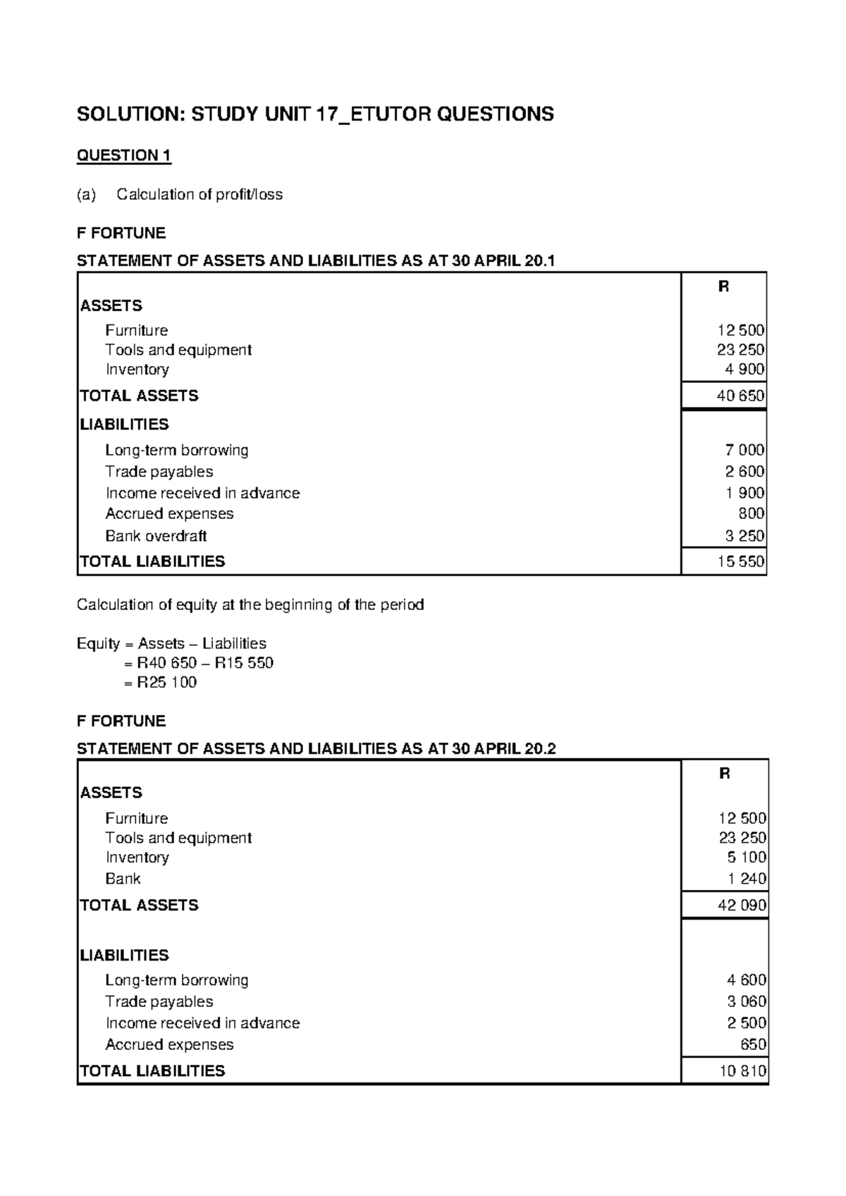 FAC1502 Study Unit 17: Etutor Questions Solutions Analysis - Studocu