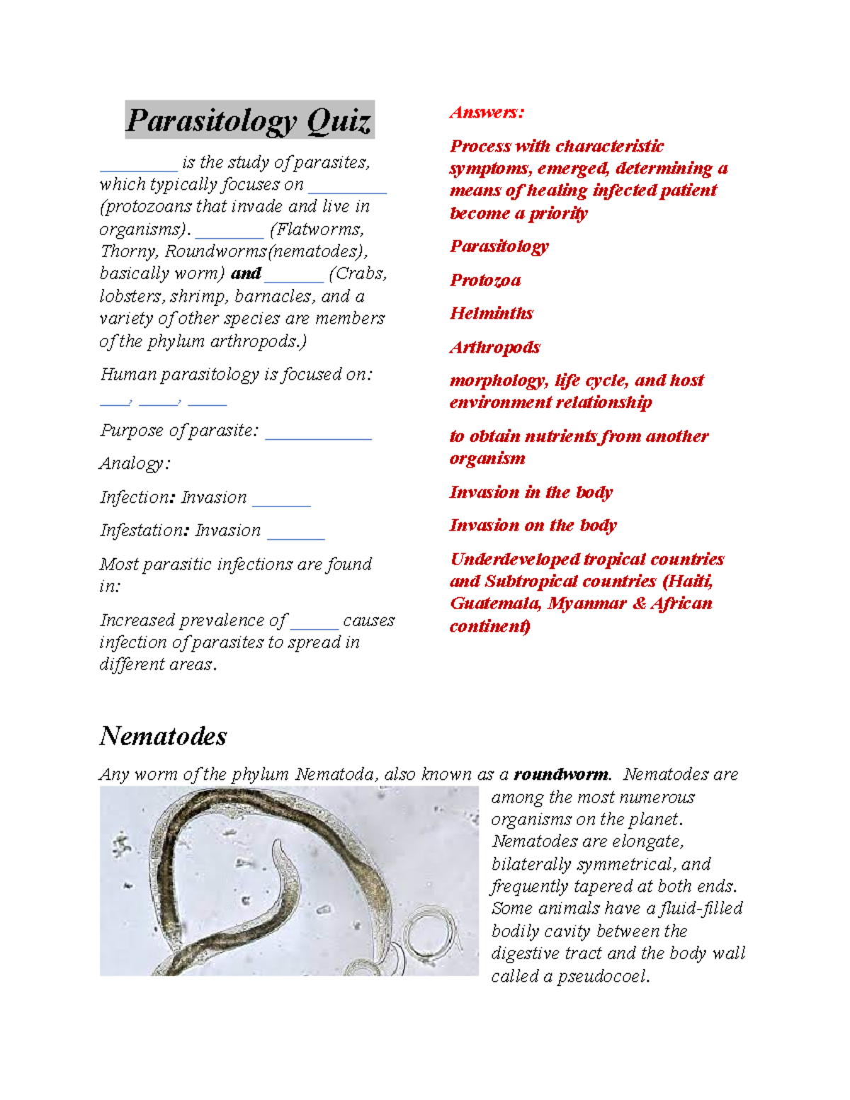 Parasitology Quiz Notes: Understanding Parasite Classes and Terms - Studocu