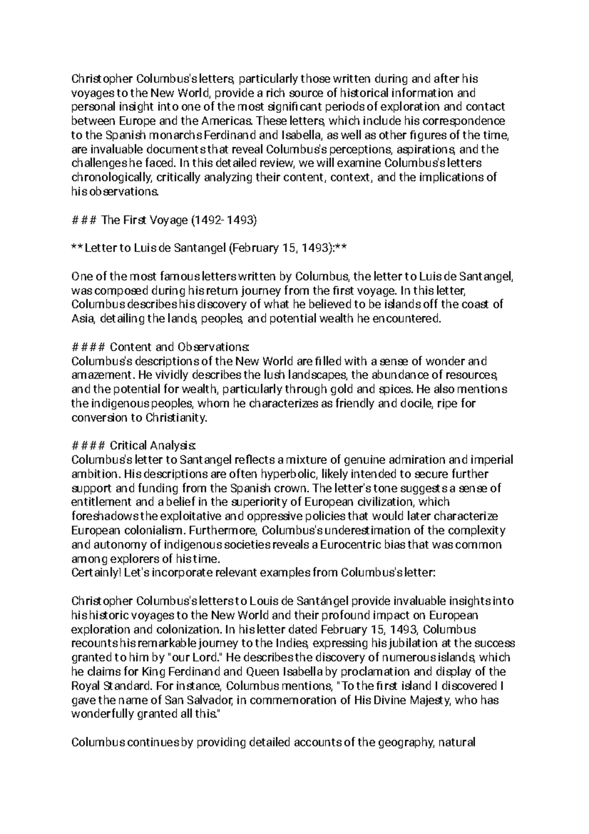 Critical Analysis of Columbus' Letters: Insights into Exploration (HIST ...