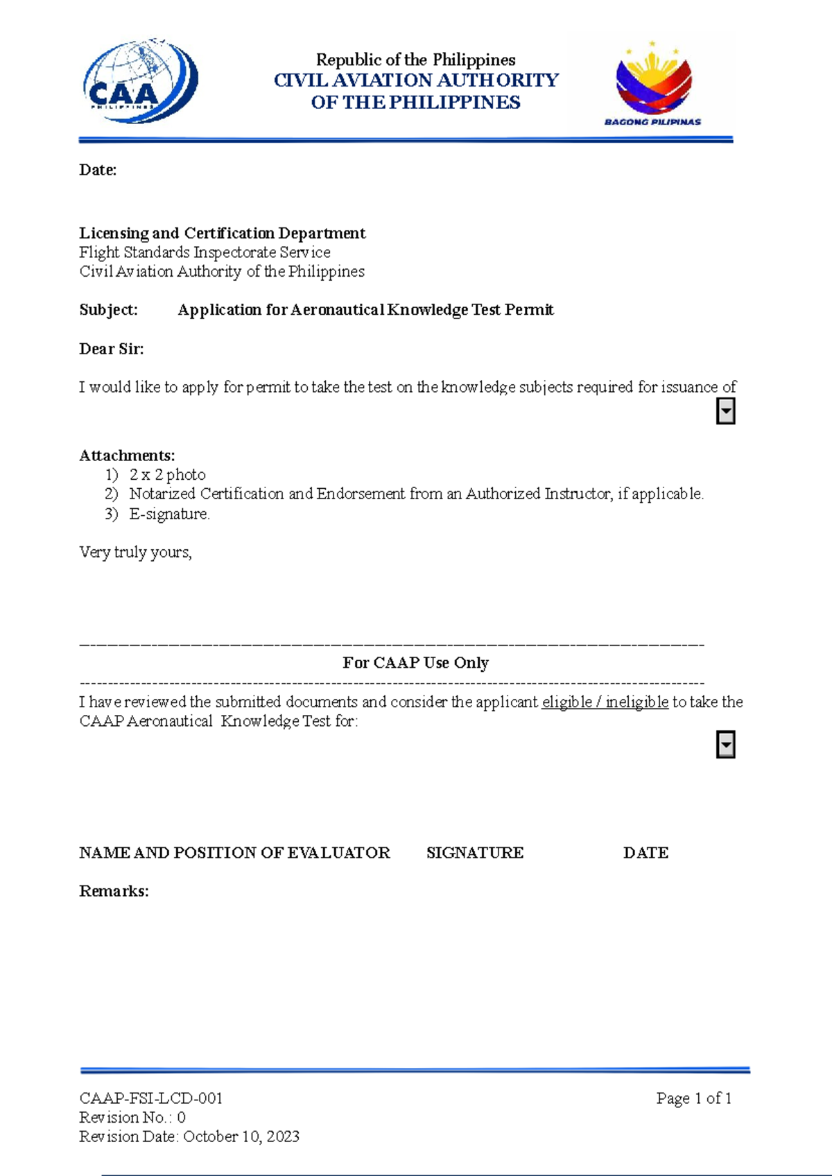 Application for CAAP Aeronautical Knowledge Test Permit - LCD Form 001 ...