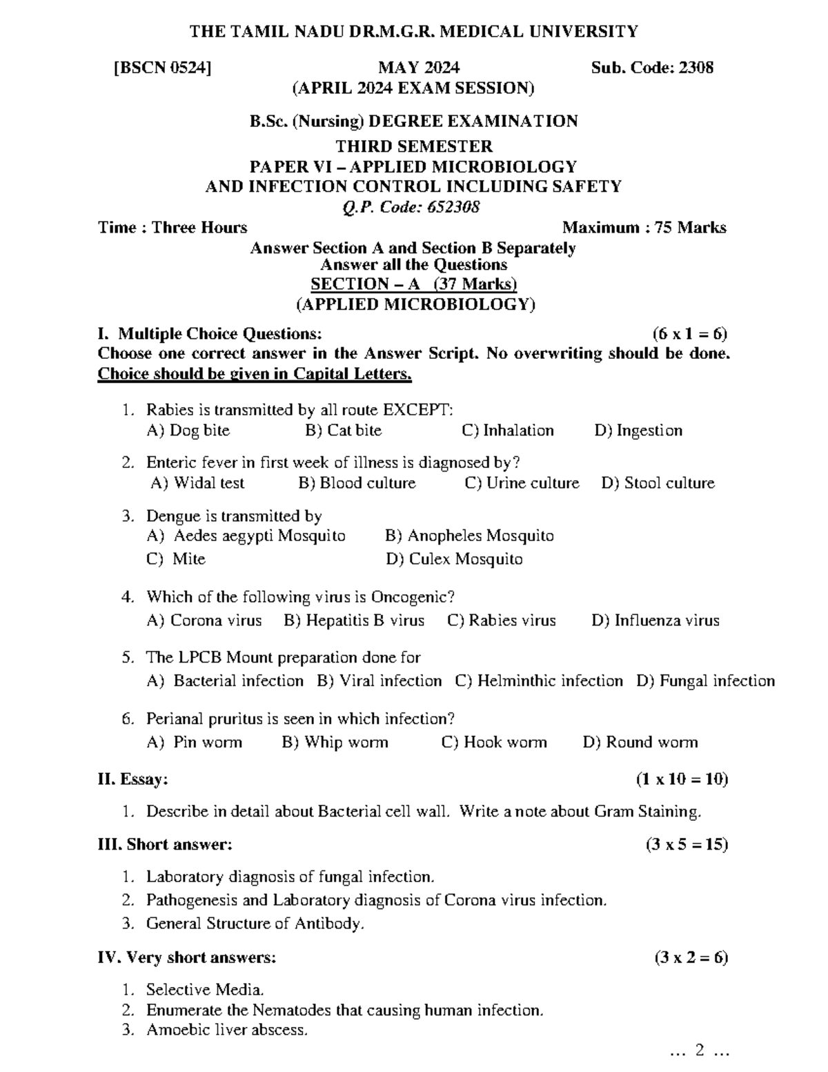 B.Sc. Nursing 2308: Applied Microbiology & Infection Control Q.P. May ...
