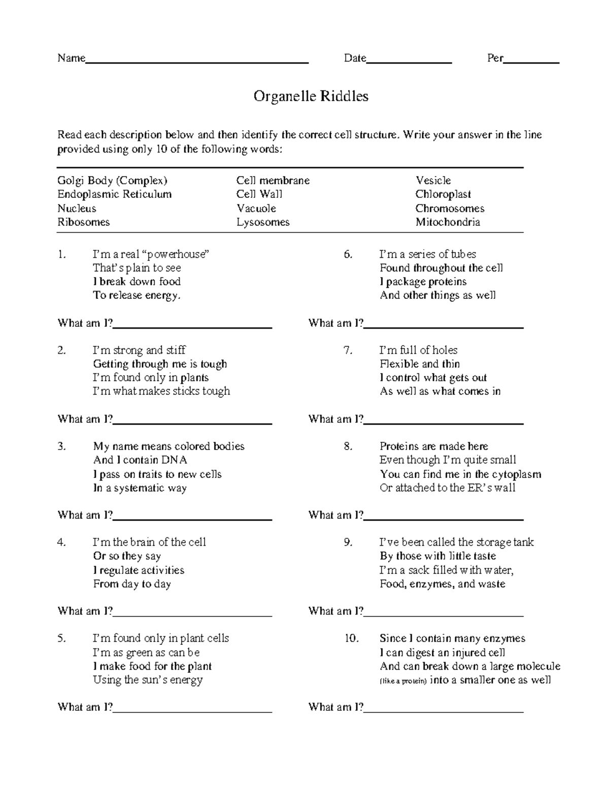Organelle Riddles: Identify Cell Structures in 10 Clues - Studocu