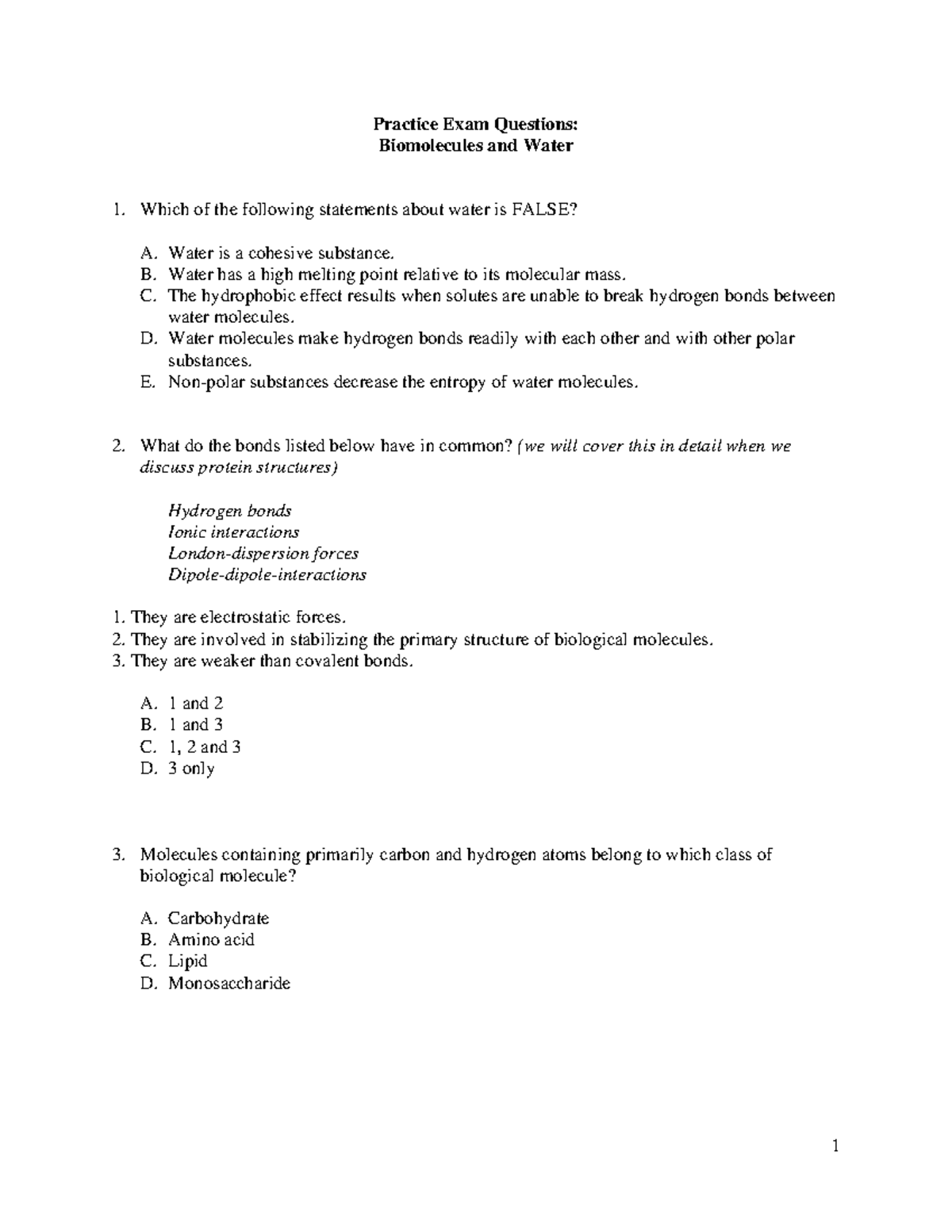 Biomolecules and Water Practice Exam Questions (Course Code: 6663 ...
