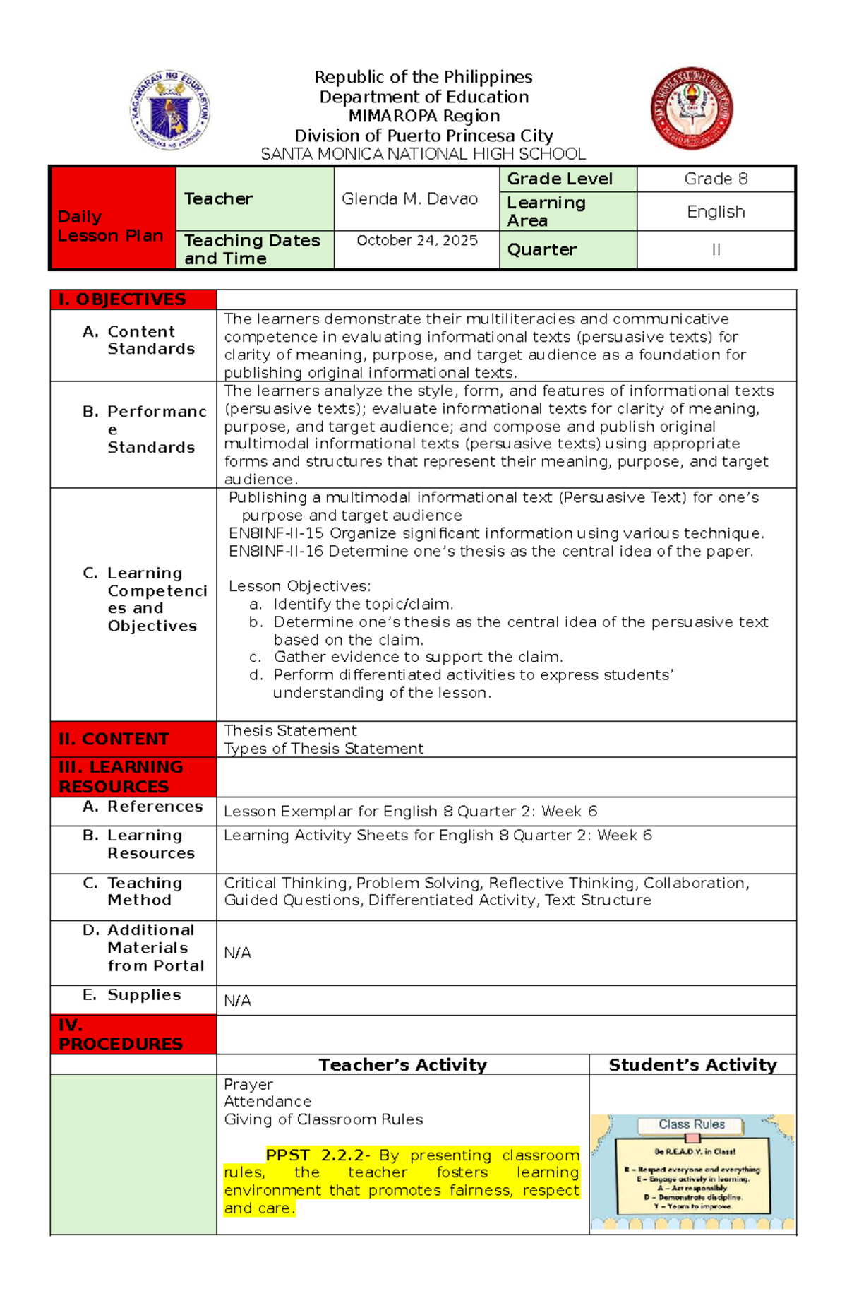 Daily Lesson Plan for Grade 8 English II: Persuasive Texts - Studocu