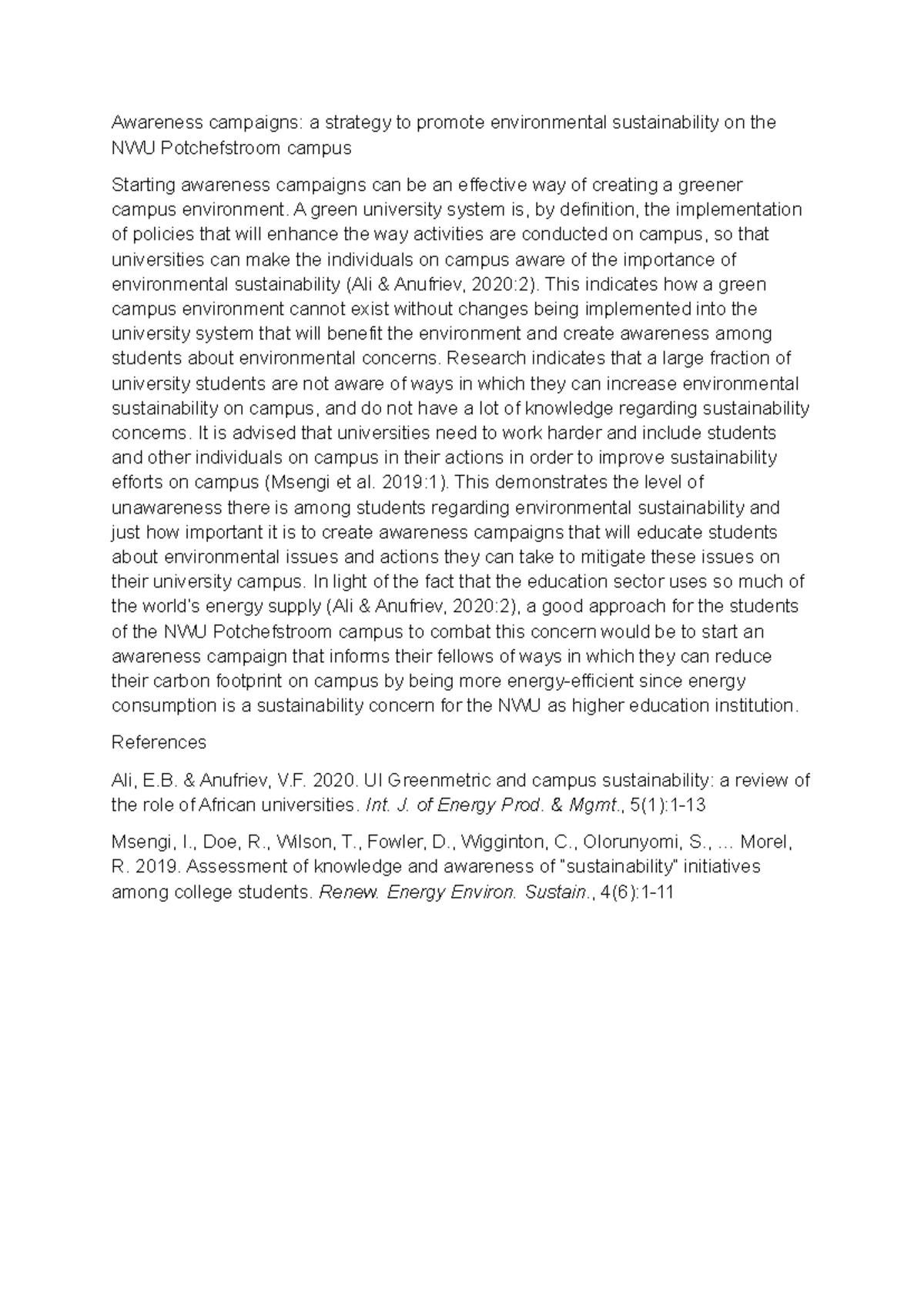 Awareness Campaigns for Environmental Sustainability at NWU ...