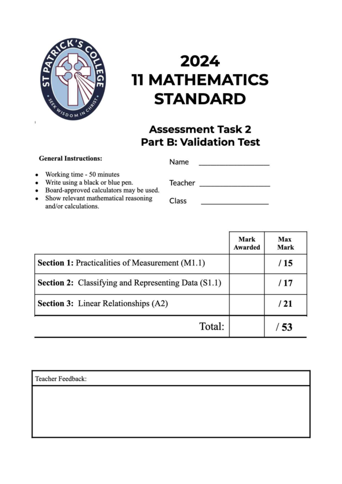 2024 11 MATHEMATICS STANDARD Assessment Task 2: Validation Test - Studocu
