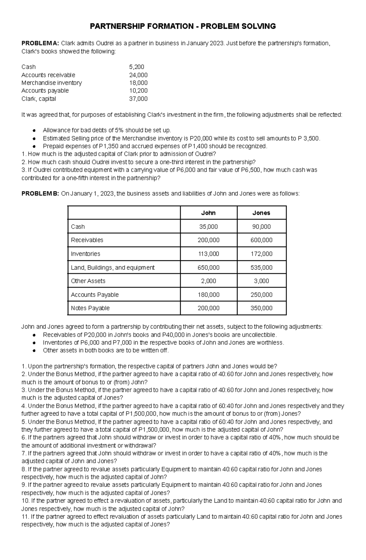 Partnership Formation Problems and Solutions for ACCT 101 - Studocu