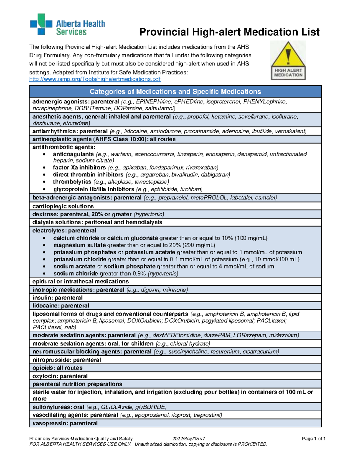 AHS High-Alert Medication List for Safe Practices - Studocu