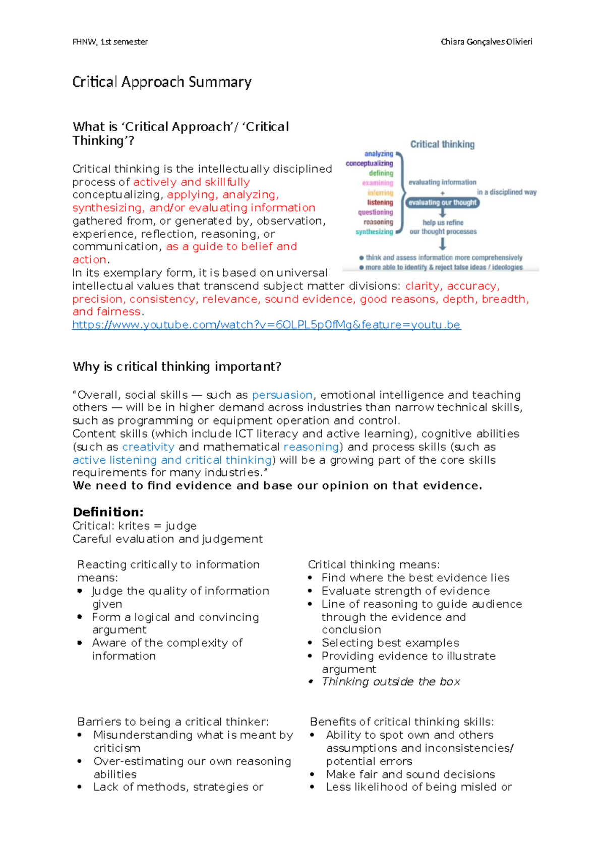 FHNW 1st Semester: Summary of Critical Thinking Approaches and Skills ...