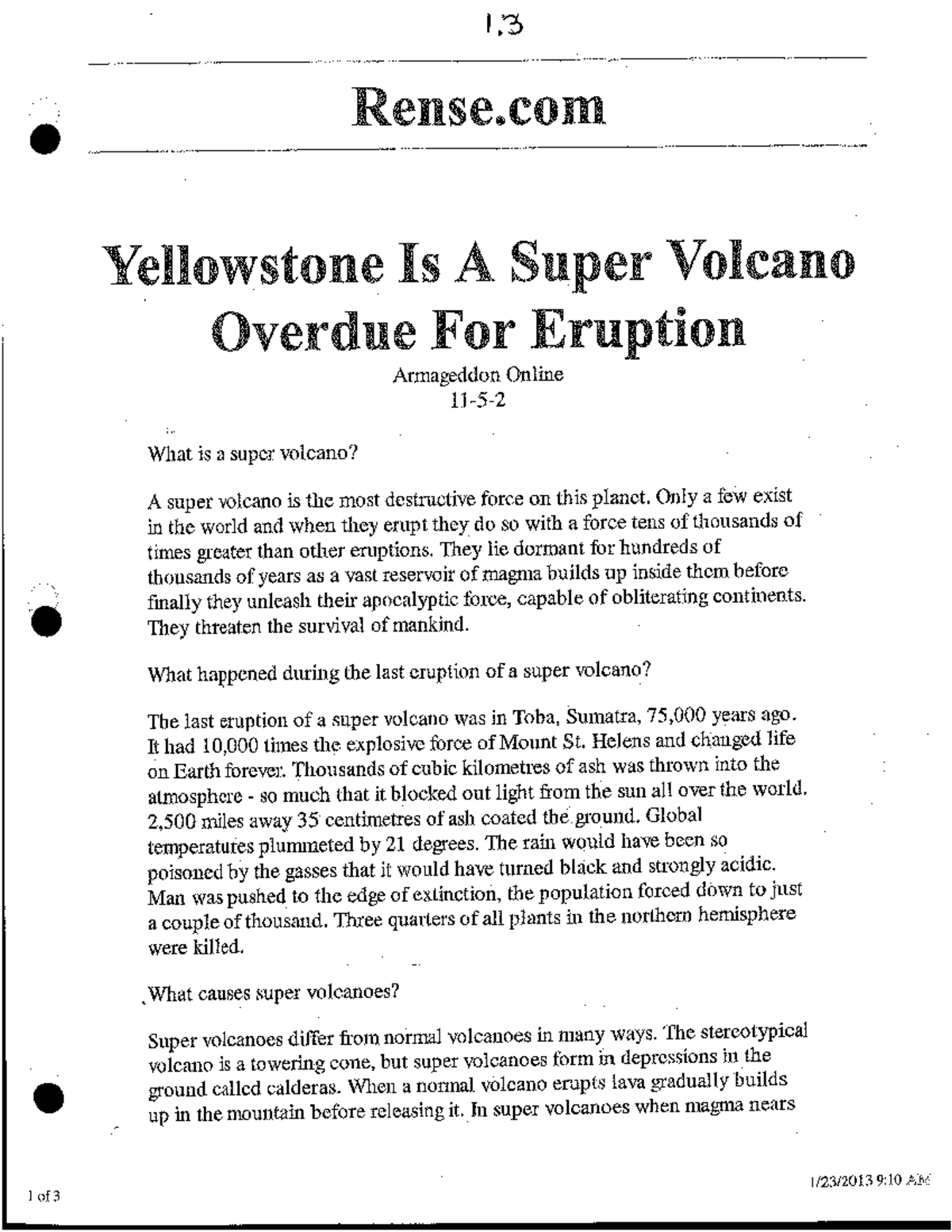 1.3 Rense.com Yellowstone super volcano: overdue for eruption analysis ...