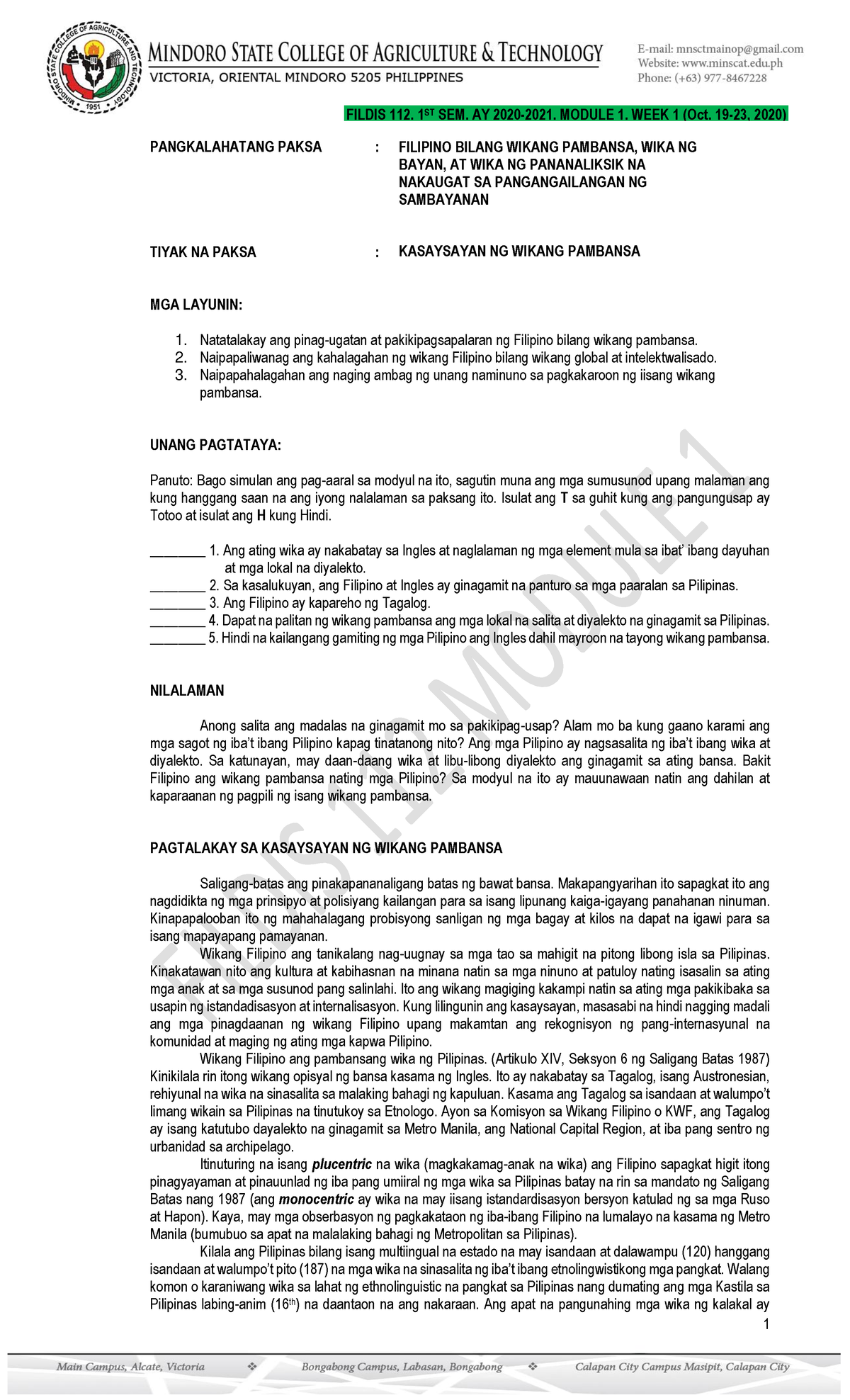 FIL 112: Filipino Bilang Wikang Pambansa - Module 1, Week 1 (Oct. 2020 ...