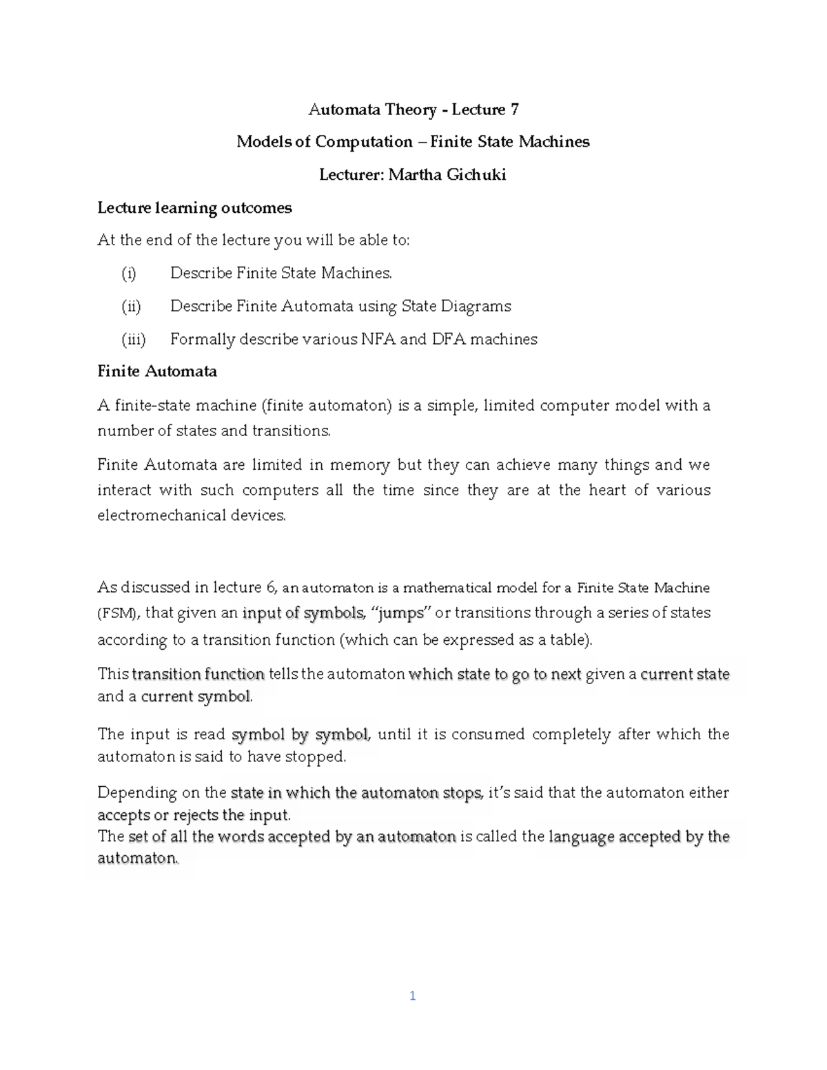 Automata Theory Lecture 7: Finite State Machines Overview - Studocu