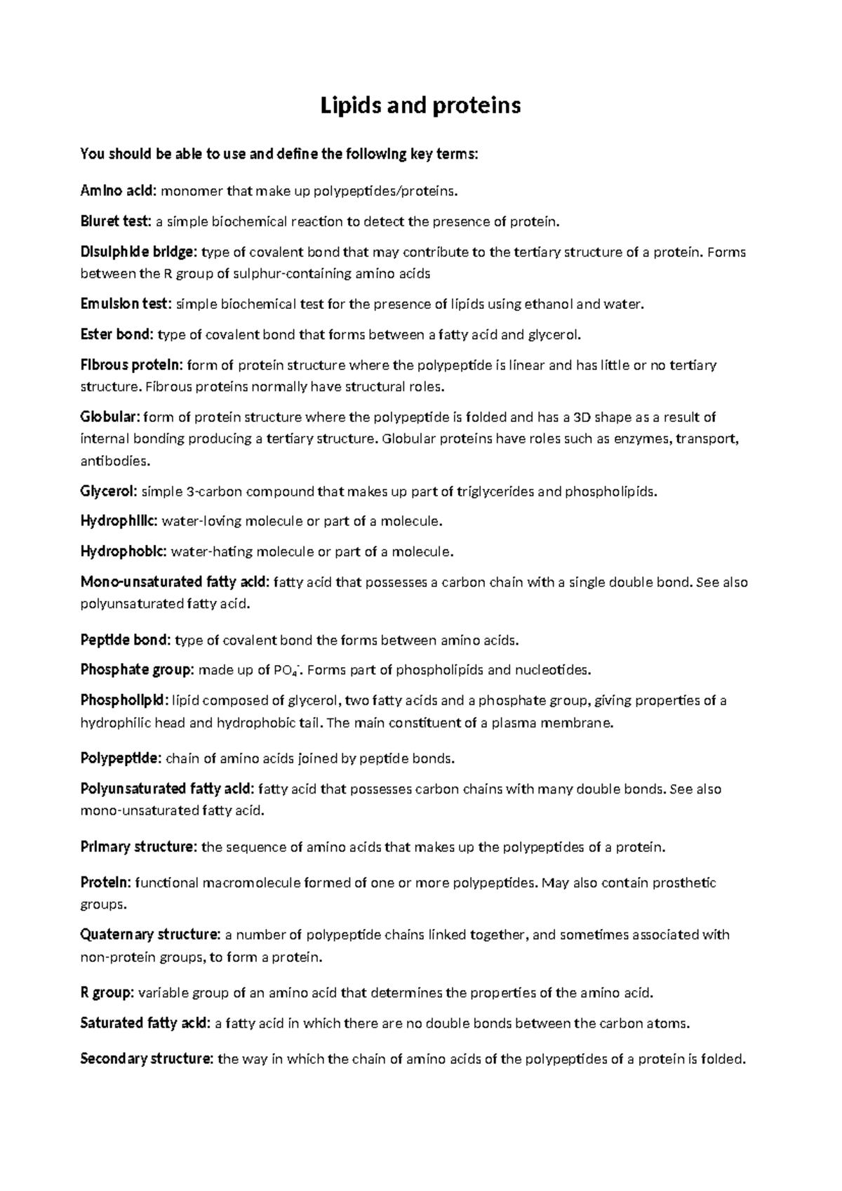 Biochemistry 101: Lipids and Proteins Study Guide - Studocu