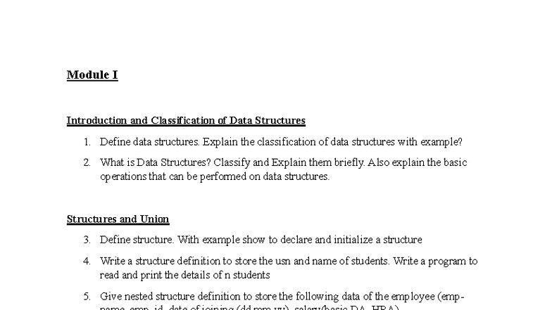 DS Module I: Introduction & Classification of Data Structures - VTU Qs - Studocu
