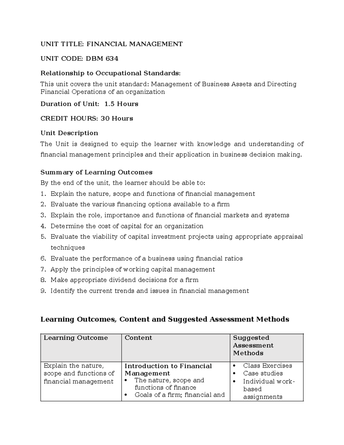 DBM 634 Financial Management Course Outline and Learning Outcomes - Studocu