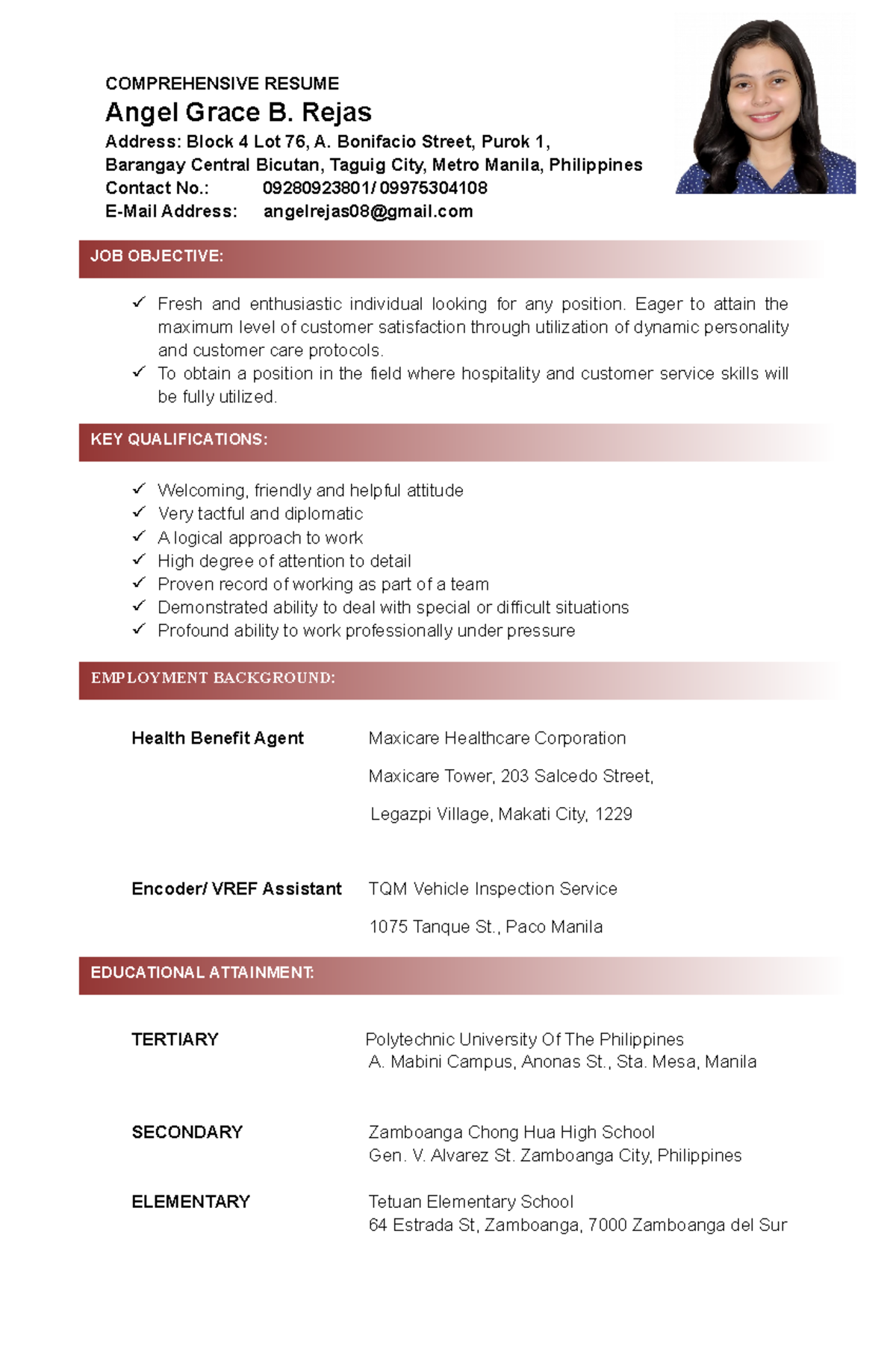 Comprehensive Resume for Angel Grace B. Rejas - Job Application - Studocu