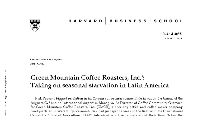 GMCR 91465 Case Study: Addressing Seasonal Starvation in Latin America ...