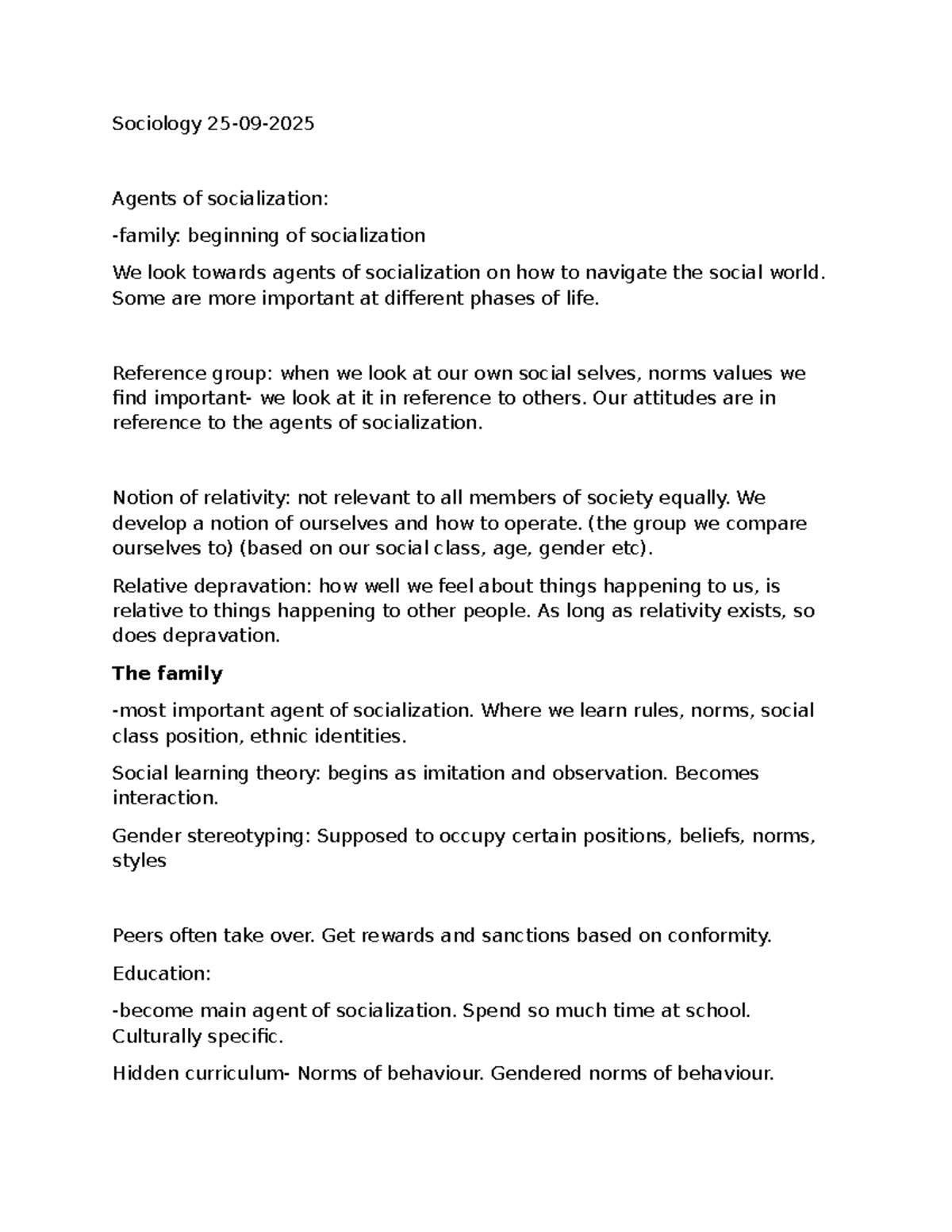 Sociology 25th Sept: Agents of Socialization & Identity Formation - Studocu