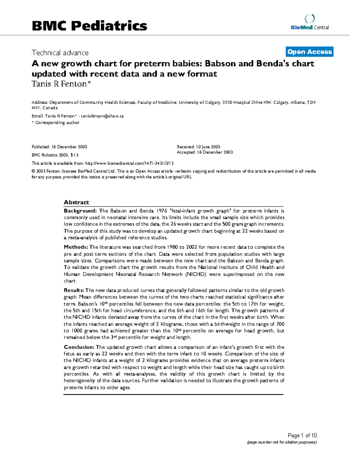 A New Fenton Growth Chart for Preterm Infants: 2003 Data Update - Studocu