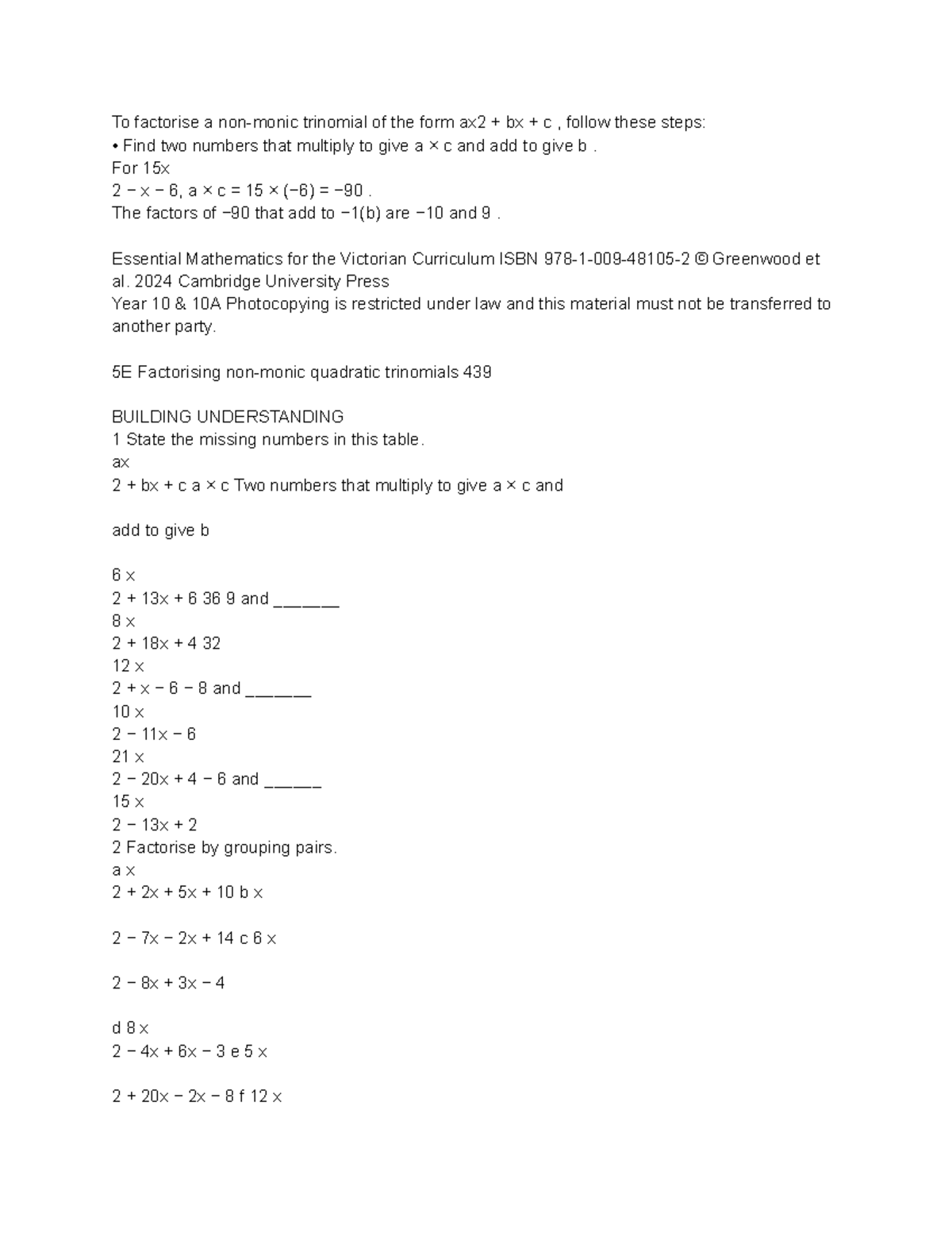 Year 10 Factorising Non-Monic Quadratics Guide - Studocu