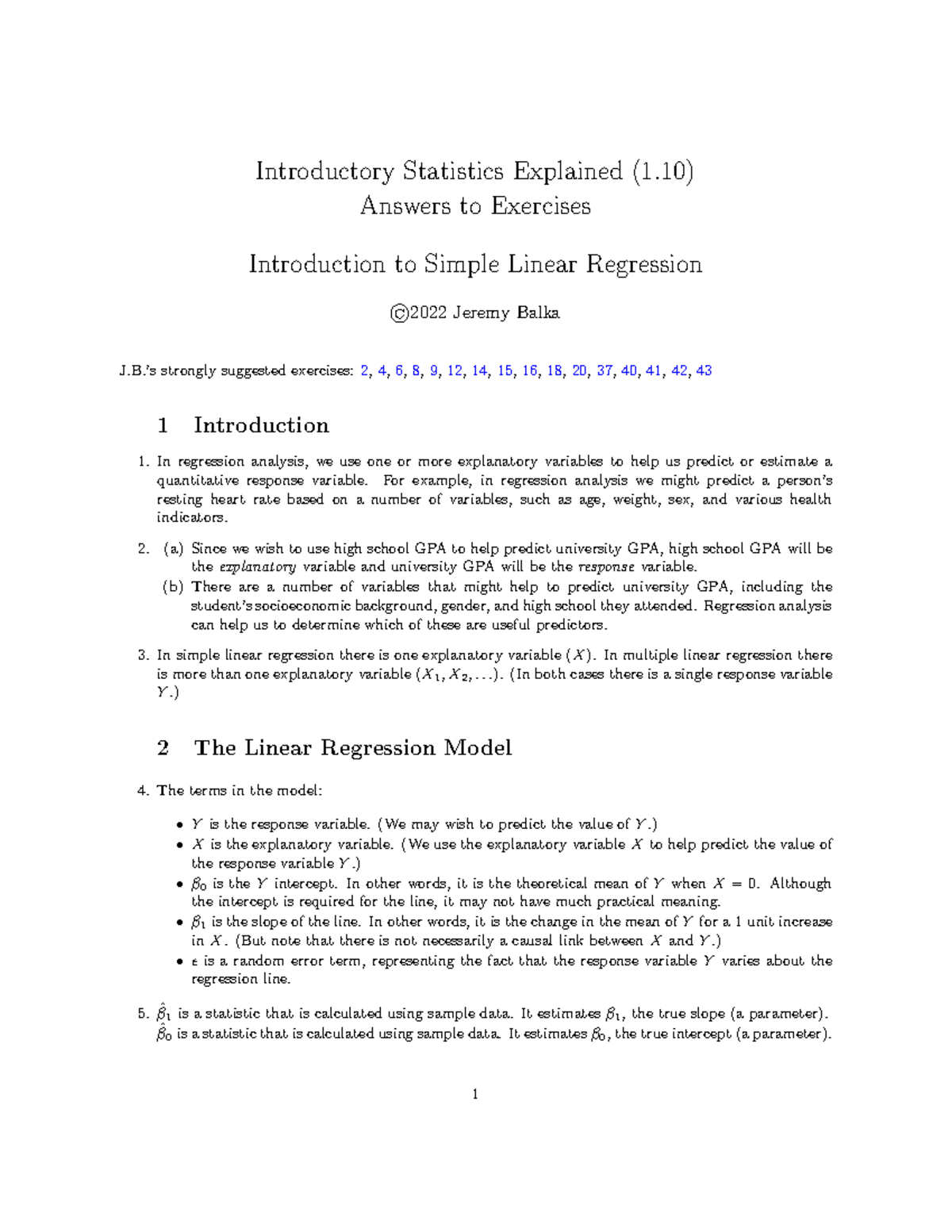 Introductory Statistics (1.10) Simple Linear Regression Exercise Answers - Studocu