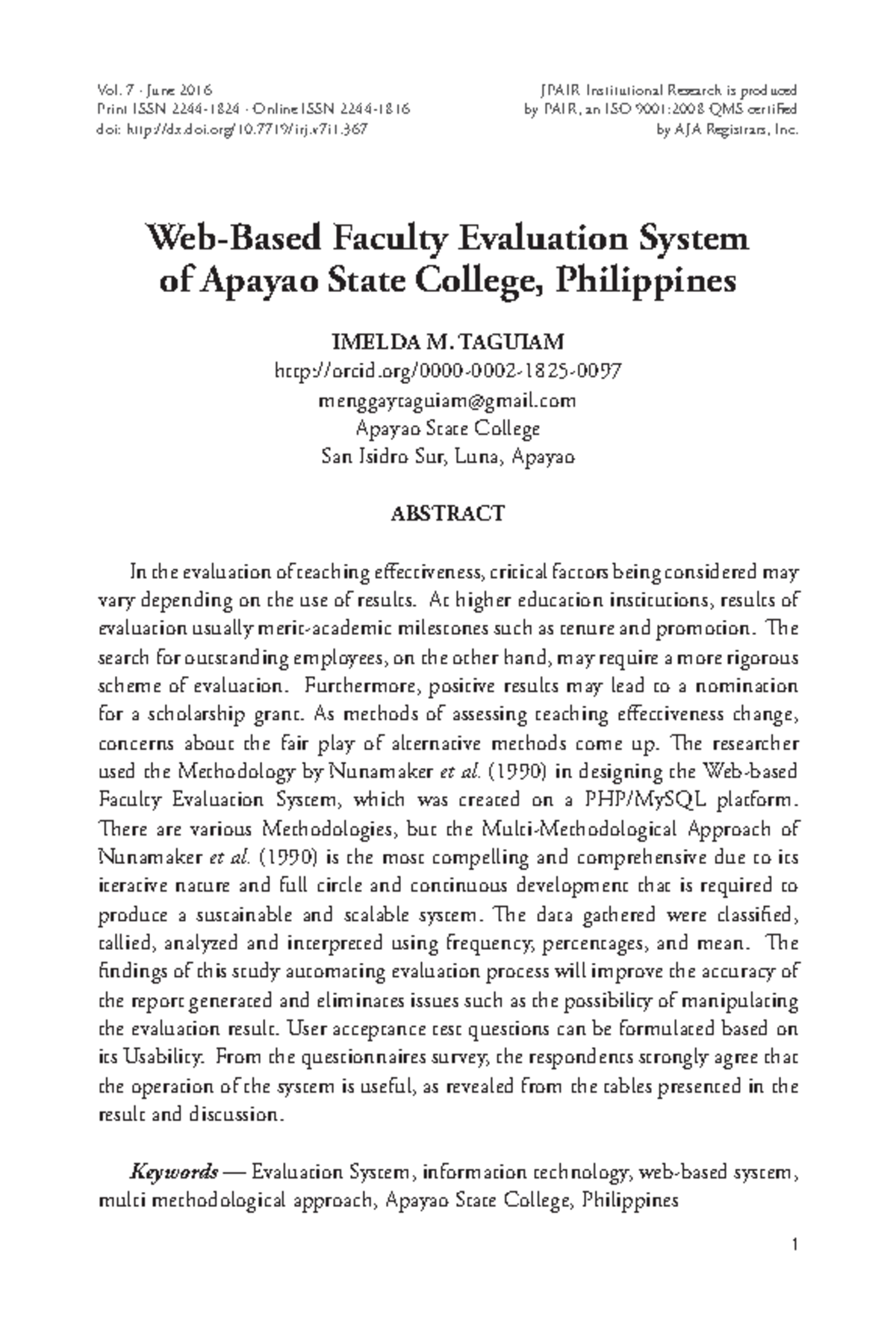 Web-Based Faculty Evaluation System - Vol. 7 · June 2016 Print ISSN 2244-1824 · Online ISSN 2244 ...