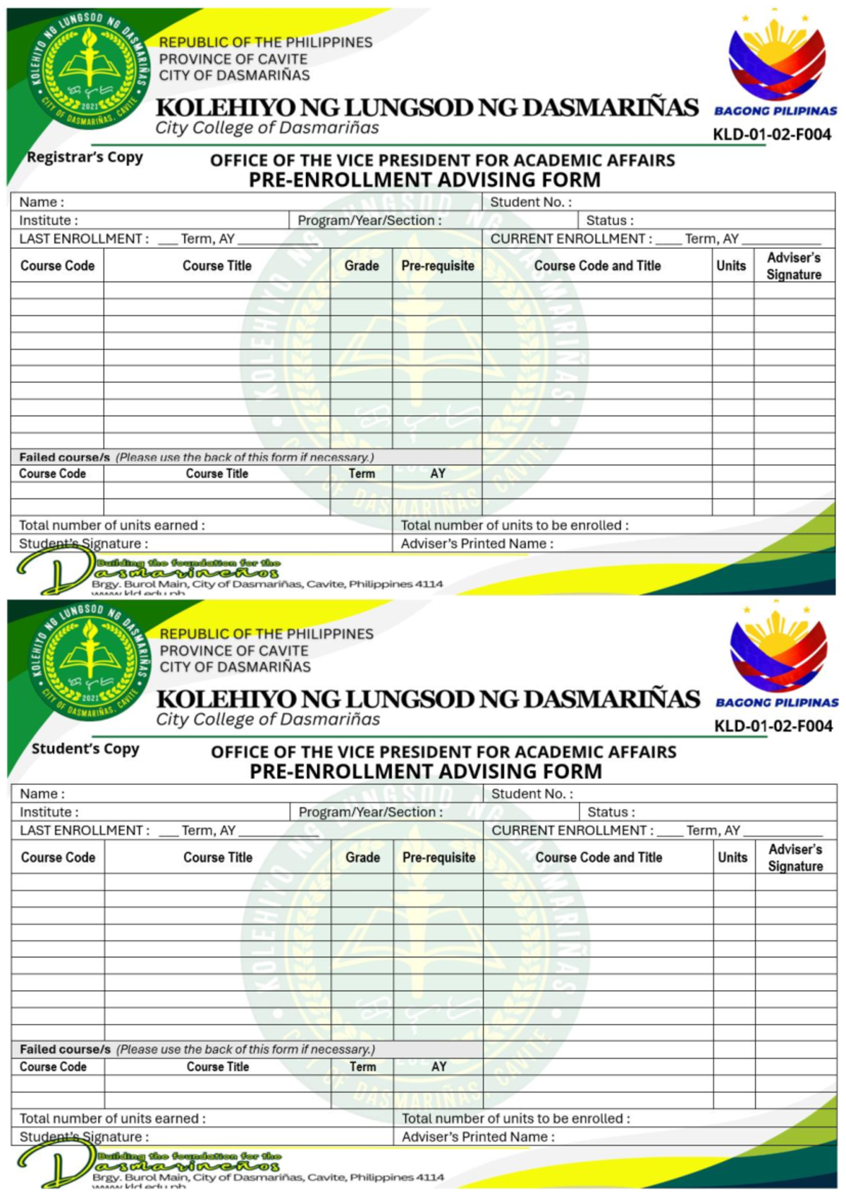 KLD-01-02-F004 Pre-Enrollment Advising Form for City College - Studocu