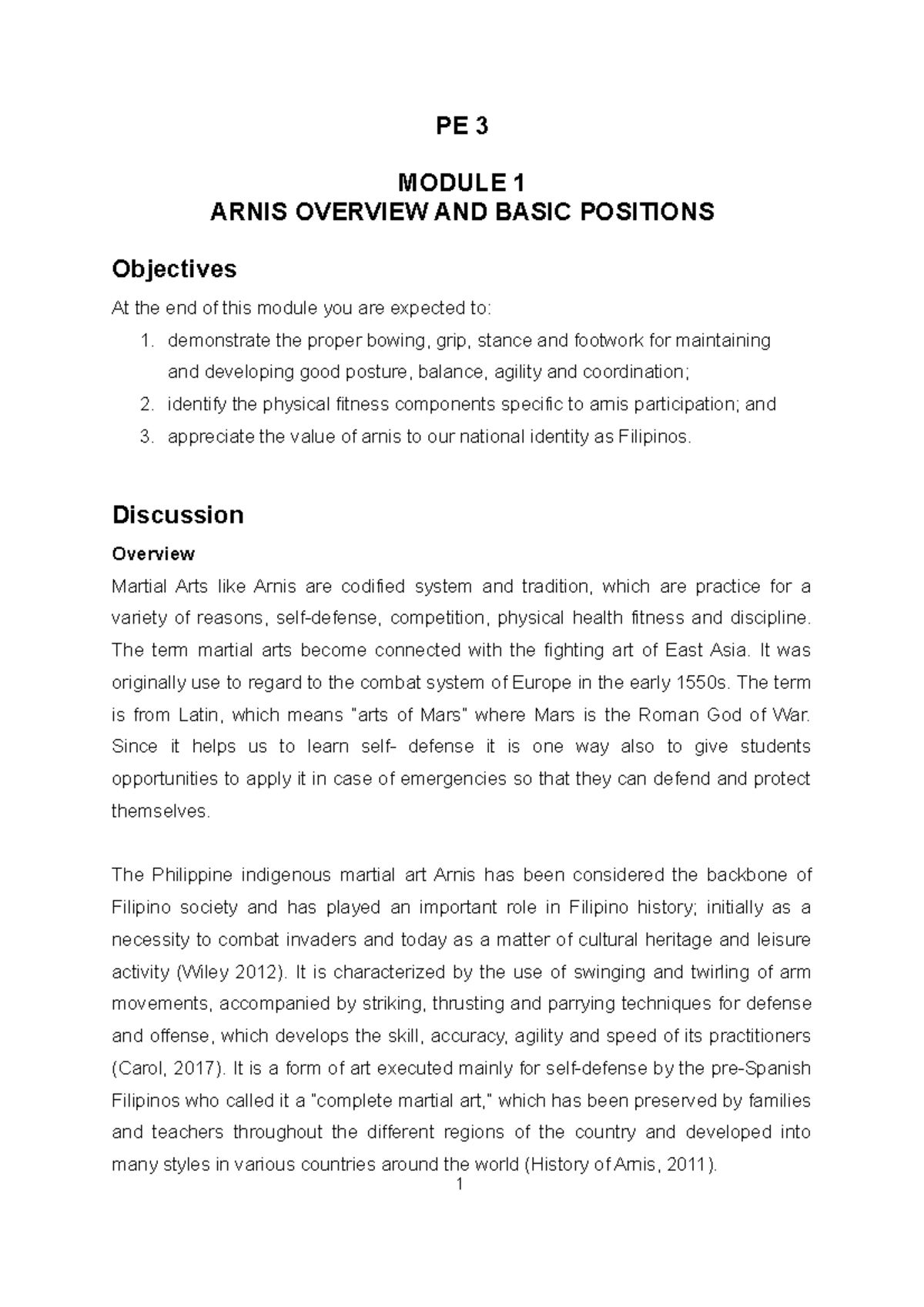 PE3 Module 1 Lecture: Introduction to Arnis Techniques and History ...