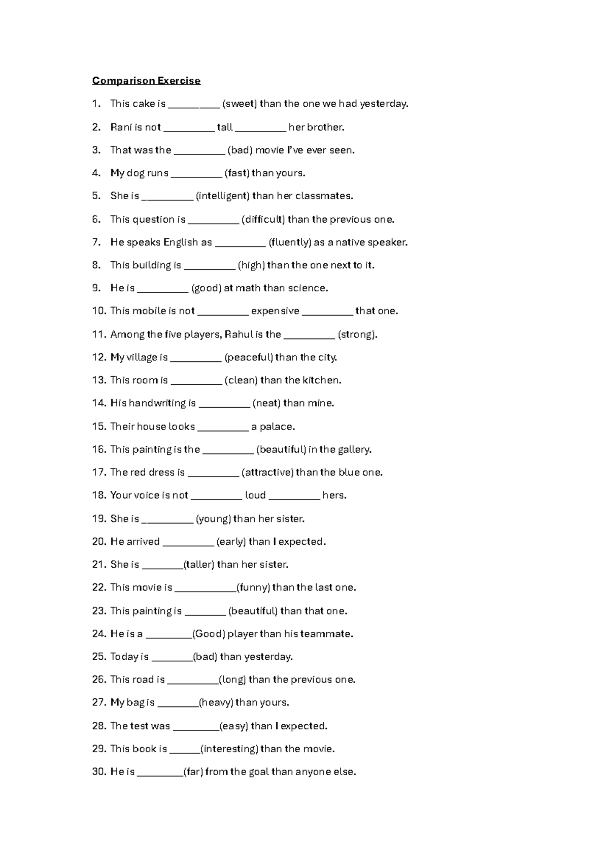 Comparison Exercise 1: Adjective Forms and Comparisons - Studocu