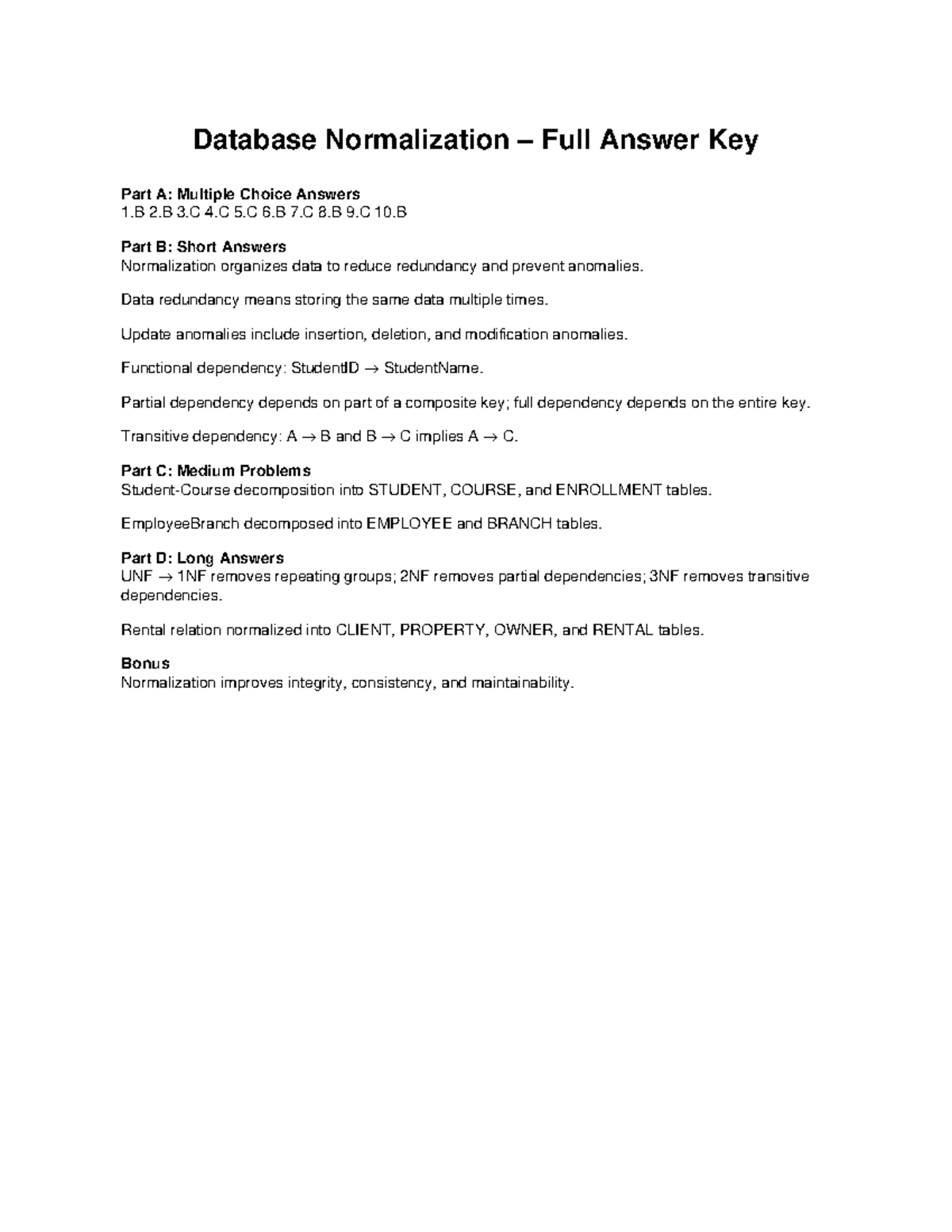 Database Normalization Exam Answer Key: Full Solutions & Insights - Studocu