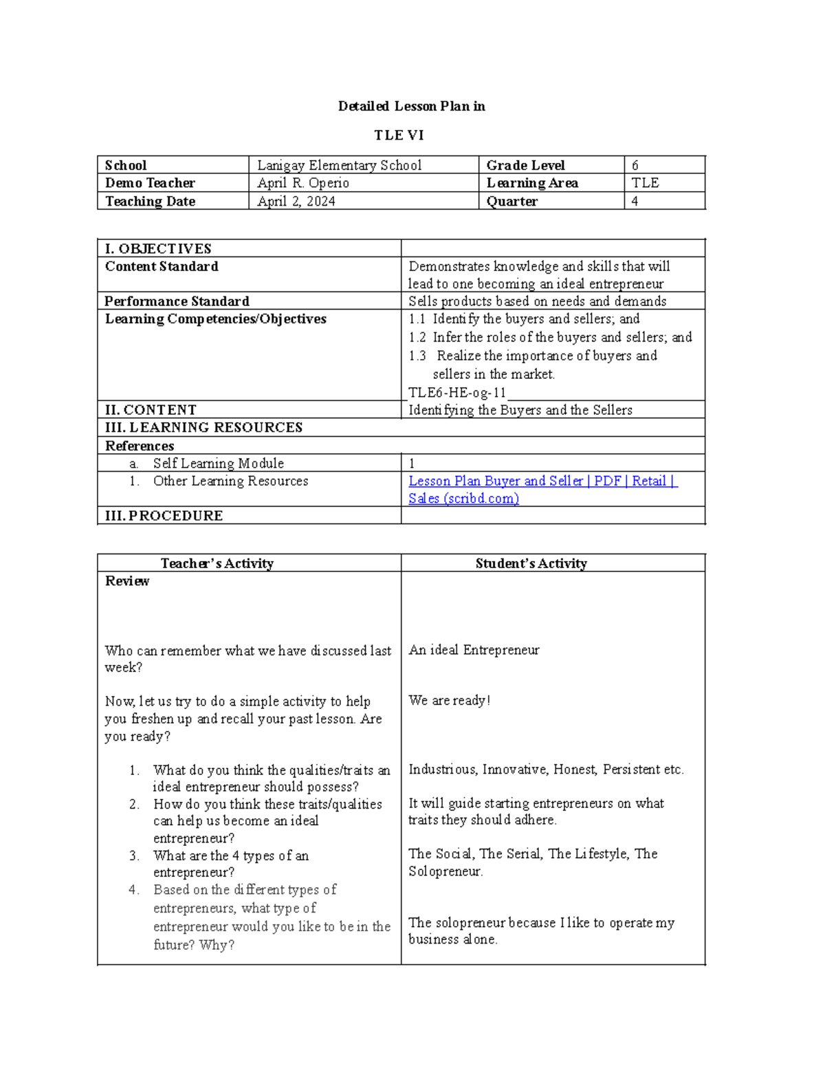 TLE VI Lesson Plan: Understanding Roles of Sellers and Buyers - Studocu