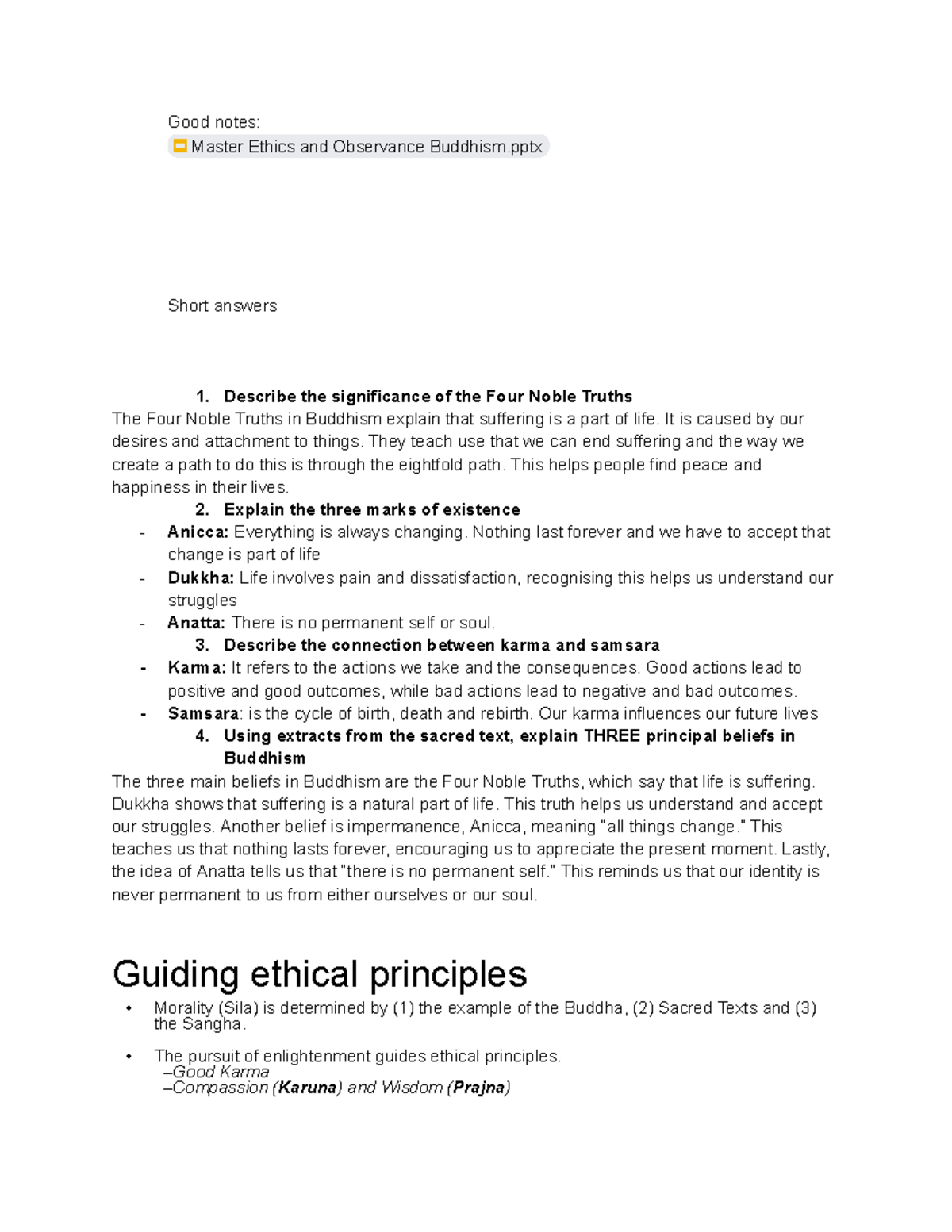 Buddhism Study Notes: Ethics, Four Noble Truths & Meditation - Studocu