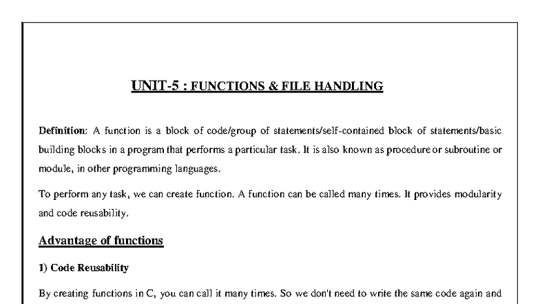 ITP Unit -5: Functions and File Handling in C Programming - Studocu