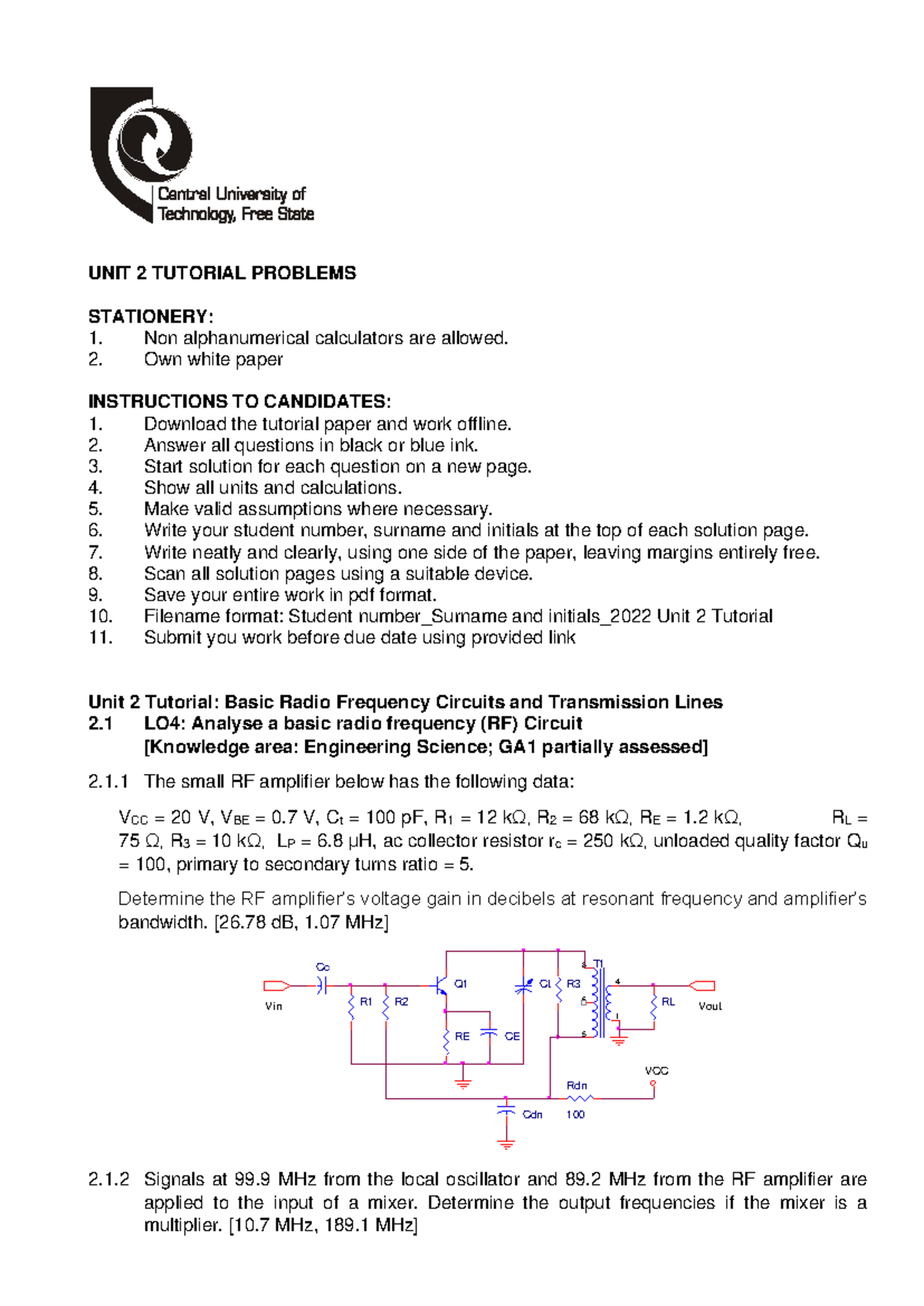 Unit 2 Tutorial Problems: Basic RF Circuits & Transmission Lines - Studocu