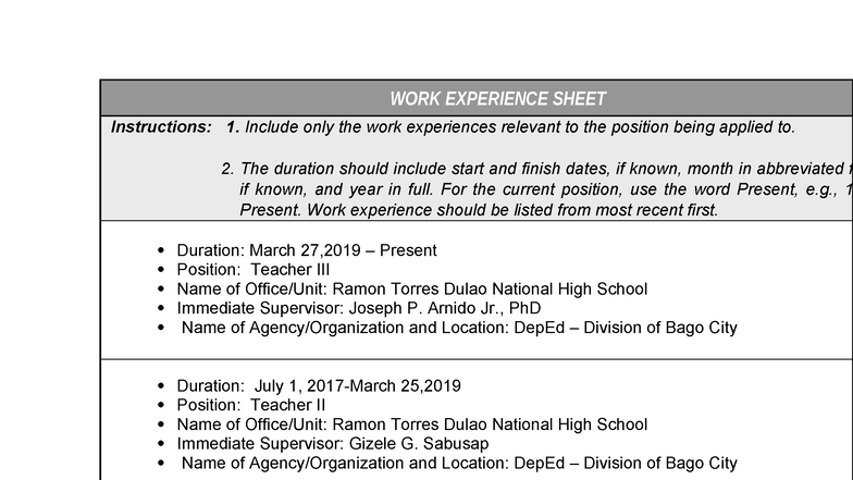 WORK EXPERIENCE SHEET for Teacher Position (CS Form No. 212) - Studocu