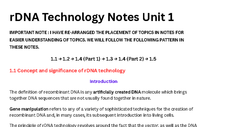 rDNA Technology Notes Unit 1: Key Concepts and Techniques - Studocu