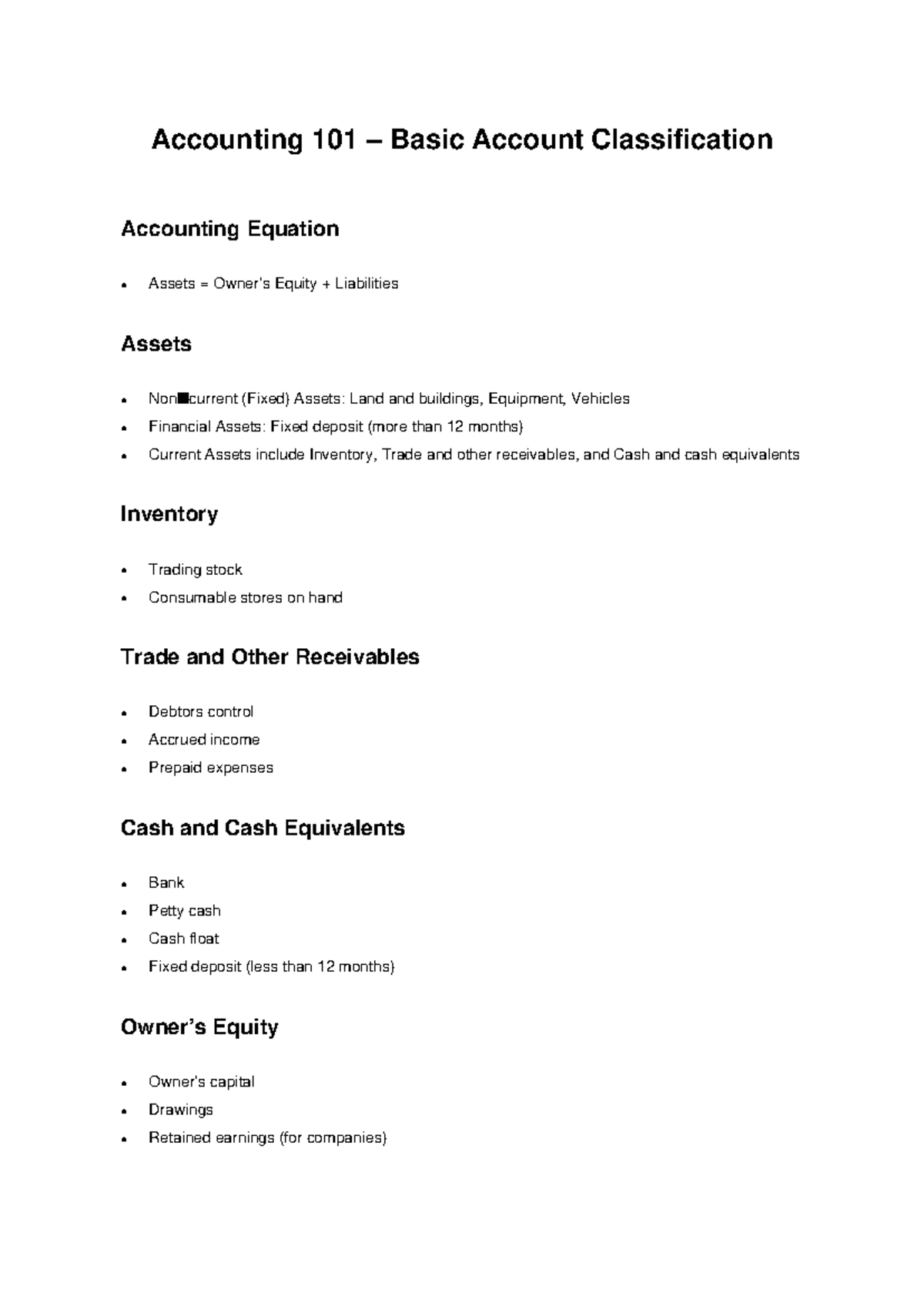 Accounting 101: Basic Account Classification & Equation Notes - Studocu