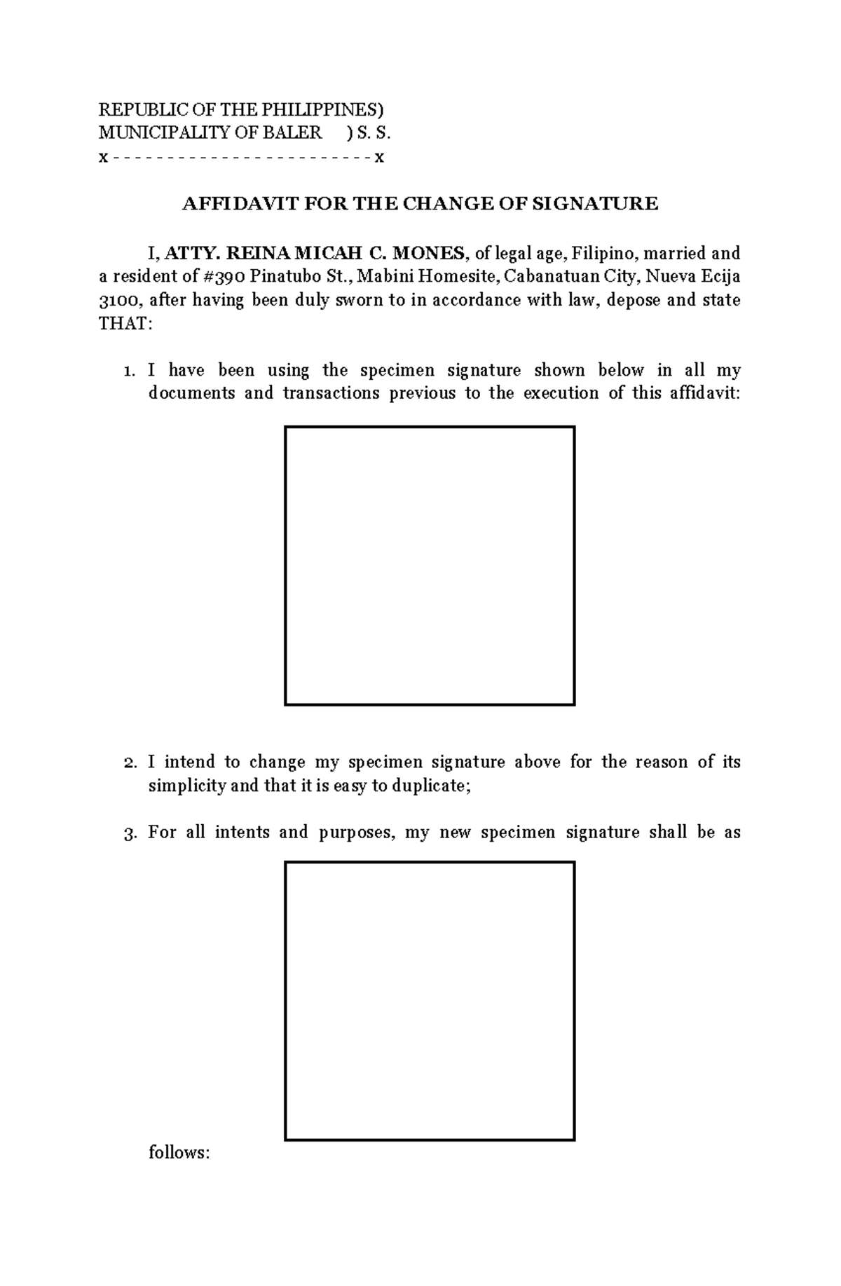 Affidavit for Change of Signature - Sample Document - Studocu