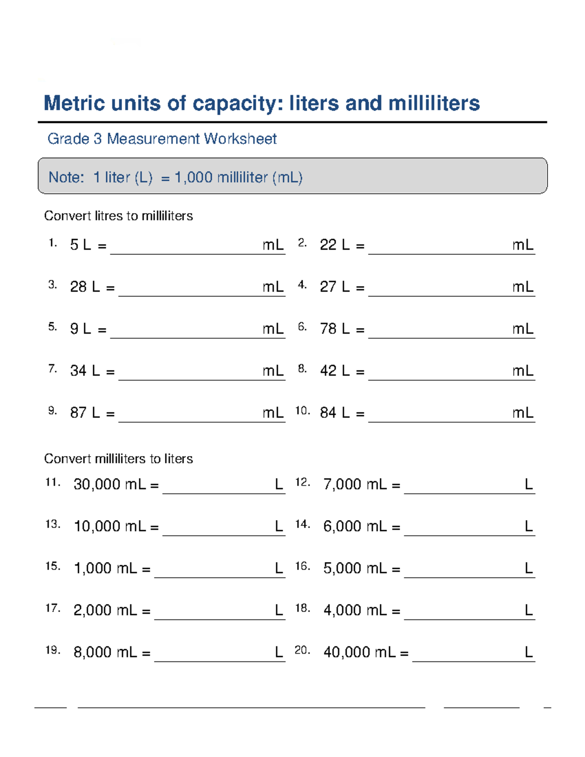 Grade 3 Measurement Worksheet: Metric Units of Capacity (L & mL) - Studocu