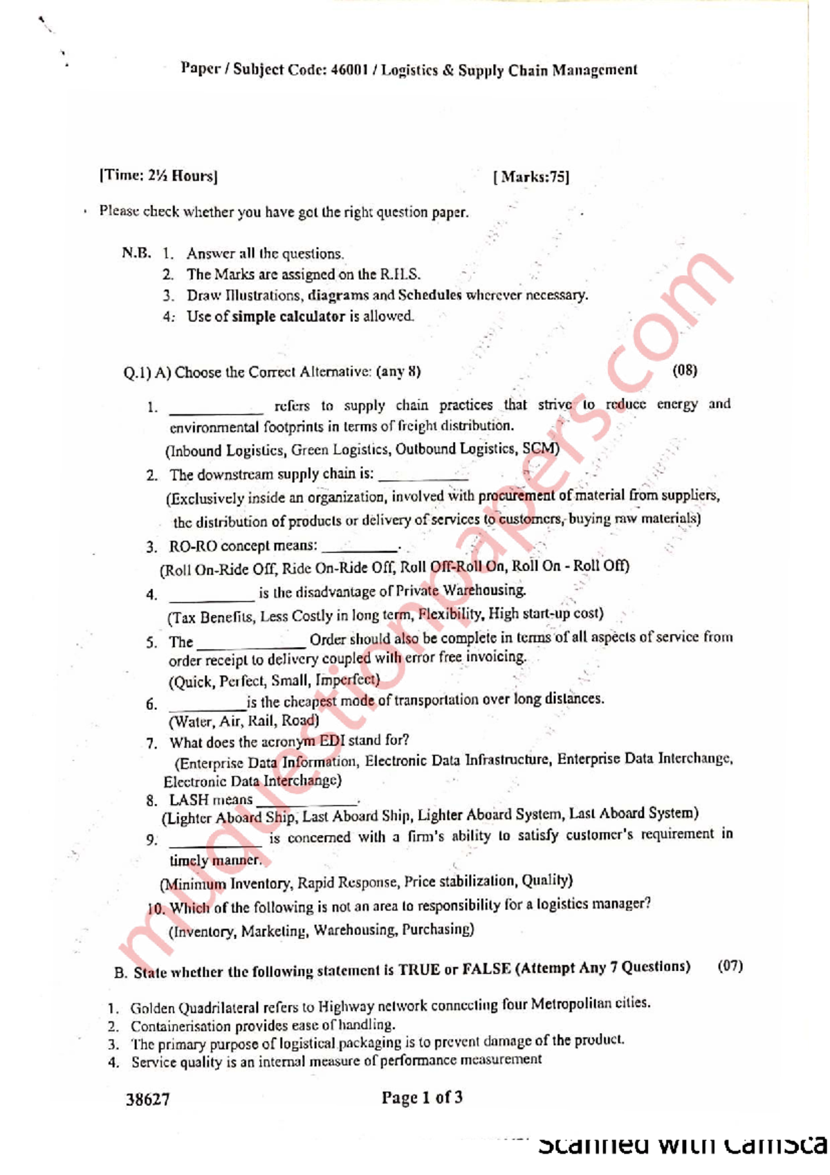 Logistics and SCM Final Exam Paper: 46001 NOV 2023 - Studocu