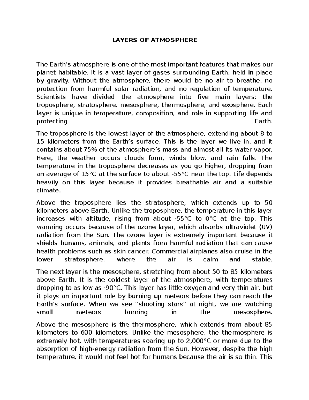 Layers of Atmosphere - ESSAY Notes on Earth's Protective Gases - Studocu