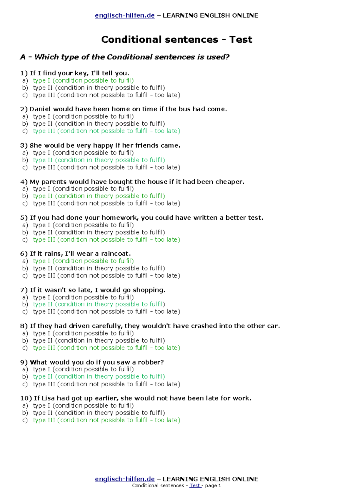 Conditionals - Conditional Sentences Test (Types I, II, III) - Studocu