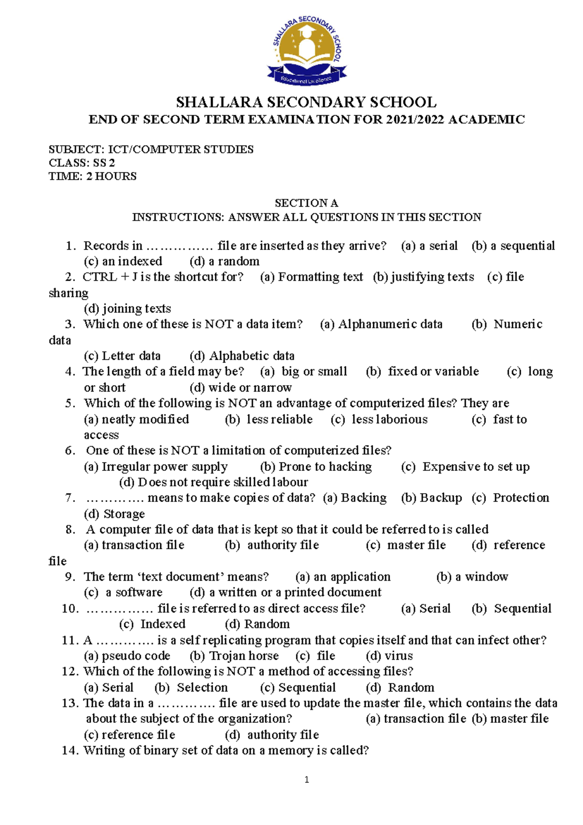 ICT SS2 End of Term Exam Questions and Answers 2021/2022 - Studocu