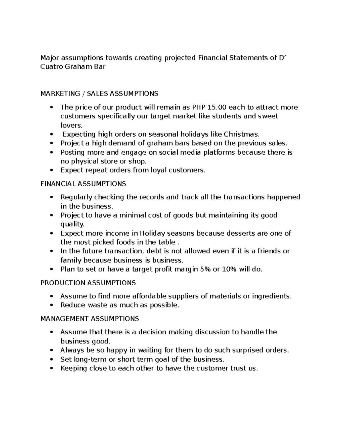 Assumptions on Financial Statementsds - Major assumptions towards ...